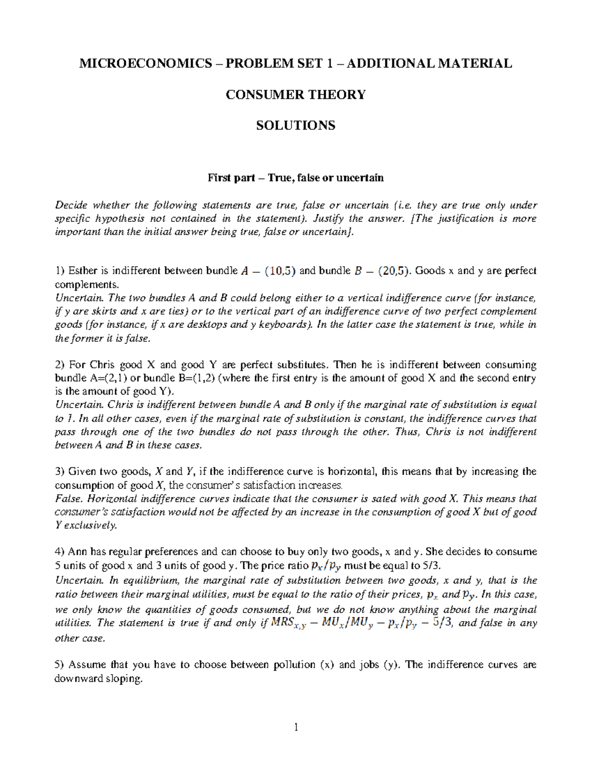 Additional Material - Problem SET 1 solutions - MICROECONOMICS ...