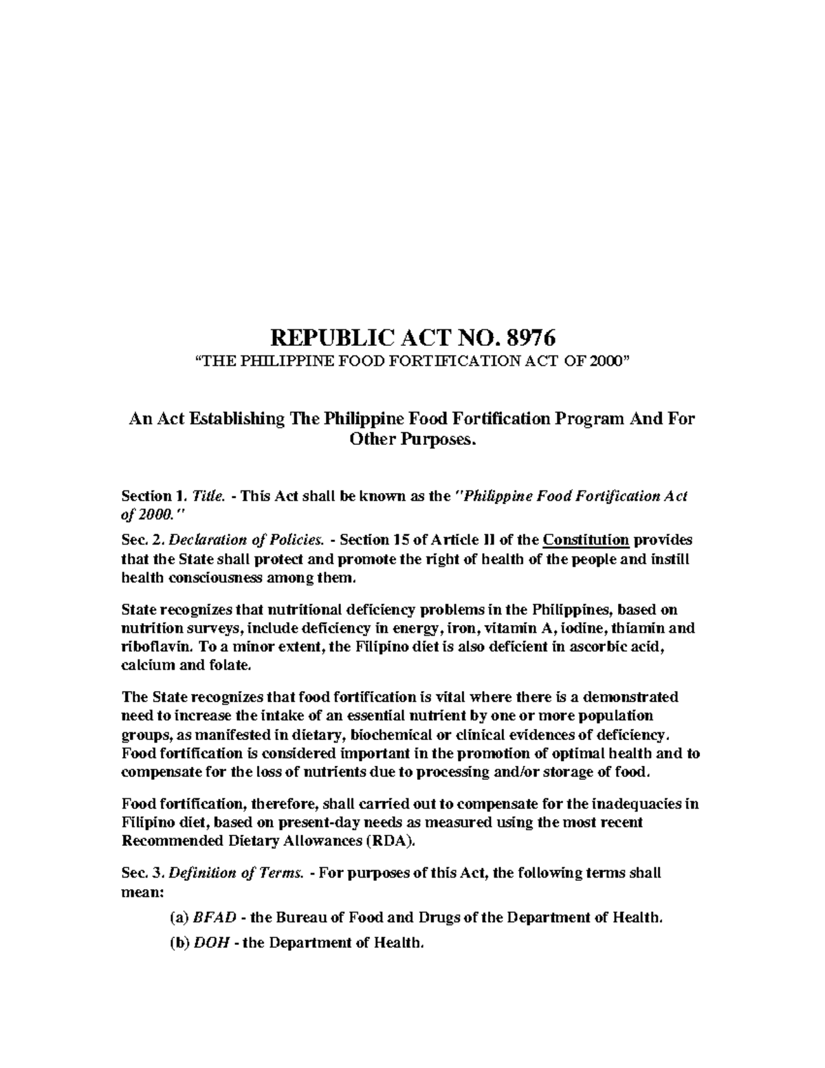 RA-8976 - REPUBLIC ACT NO. 8976 “THE PHILIPPINE FOOD FORTIFICATION ACT ...