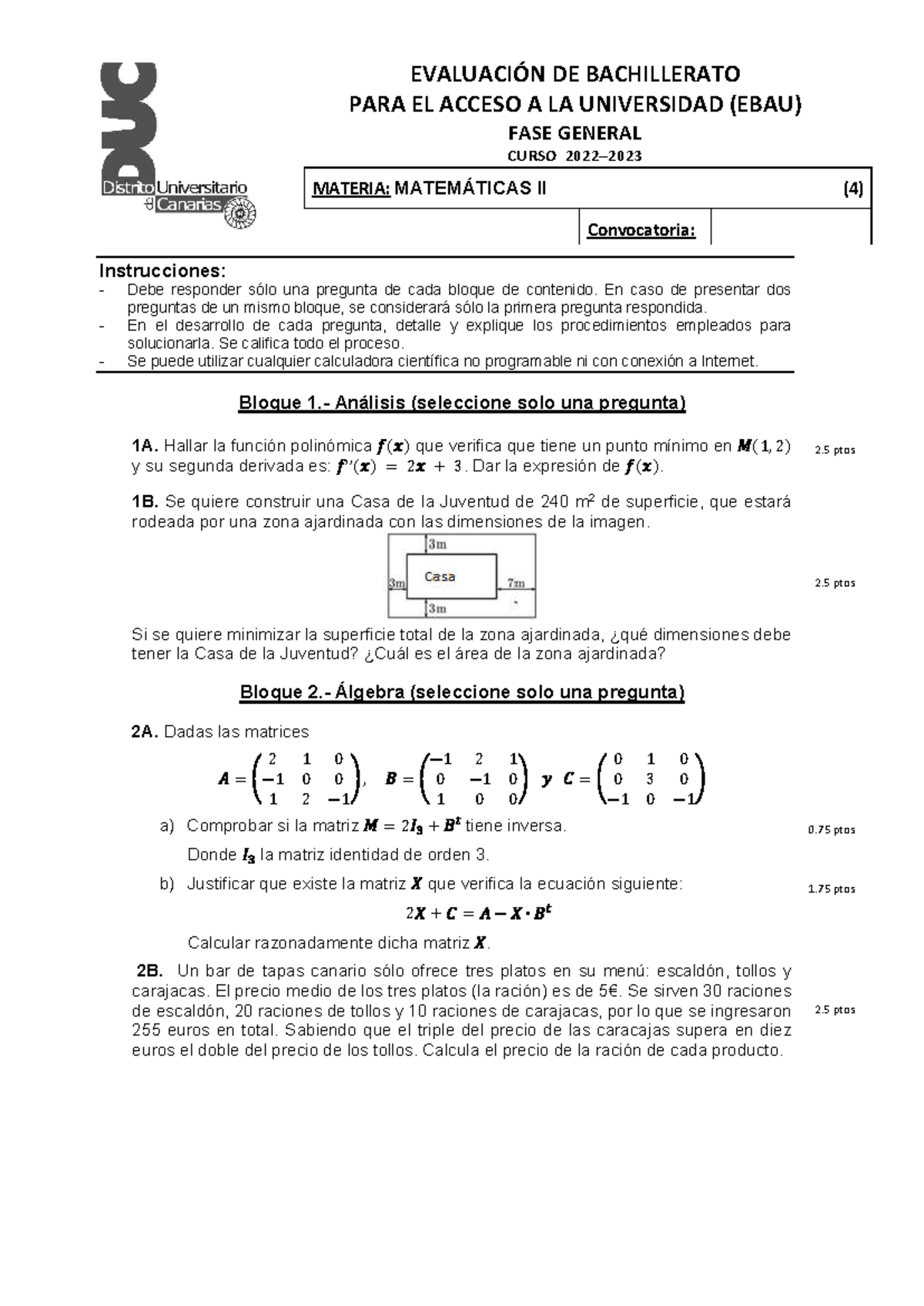 Examen matematicas ii ciencias ebau junio - EVALUACIÓN DE BACHILLERATO ...