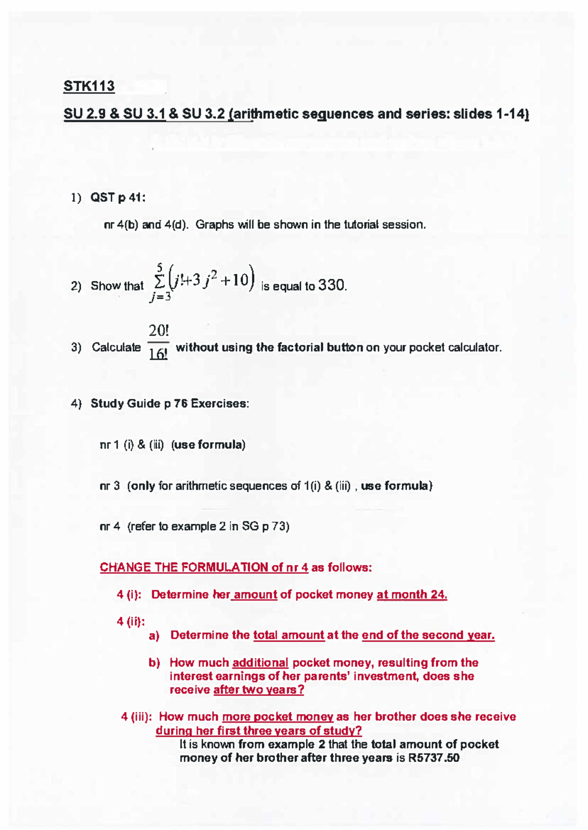 STK113 Tutorial 5 (MEMO) - STK SU 2 & SU 3 & SU 3 (arithmetic sequences ...