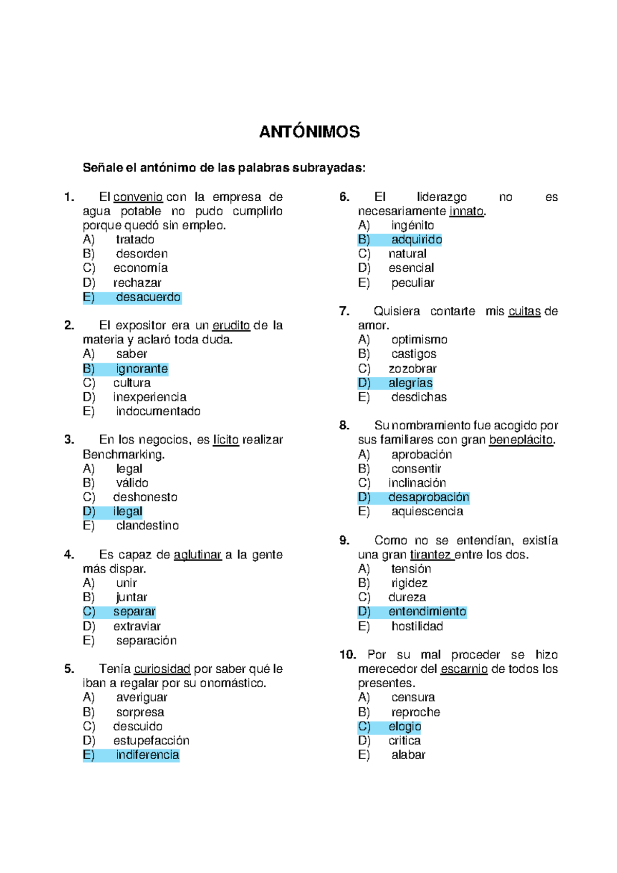 1S Cuadernillo- Antonimia - ANTÓNIMOS Señale el antónimo de las ...