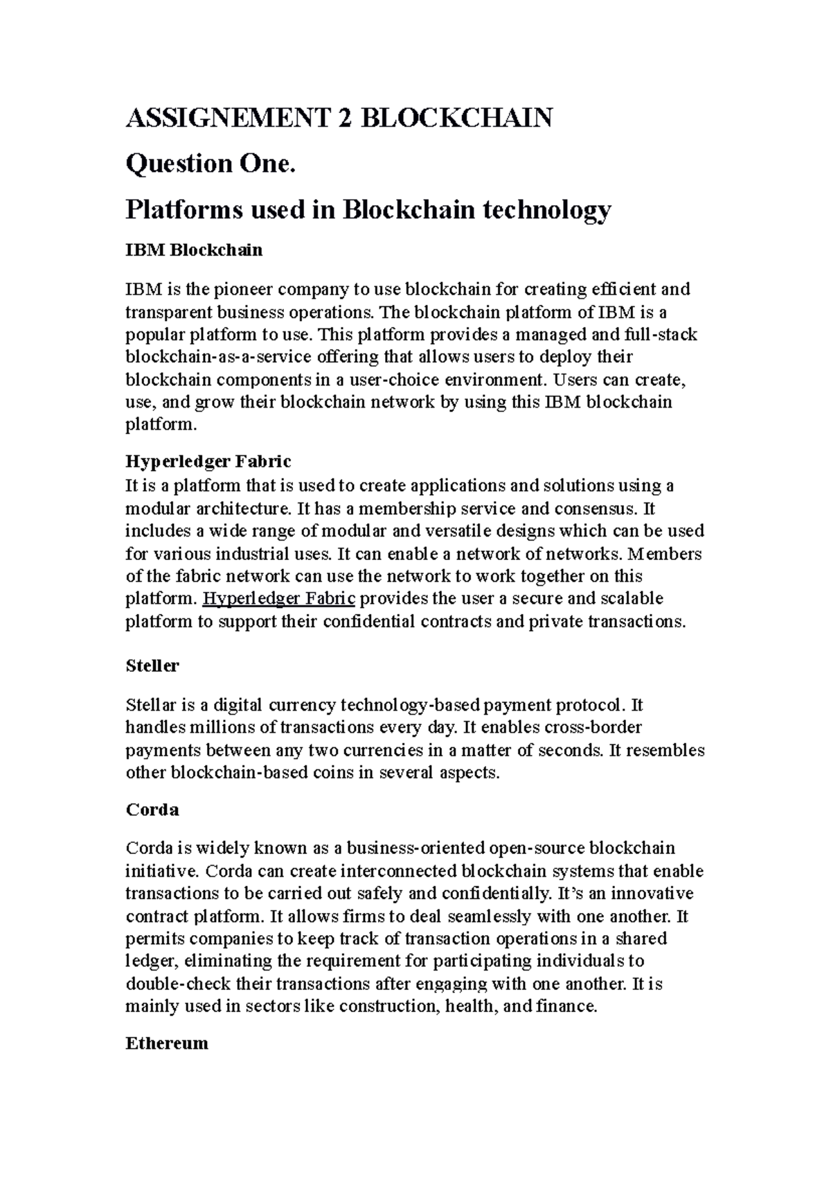 Assignement 2 Blockchain - ASSIGNEMENT 2 BLOCKCHAIN Question One ...