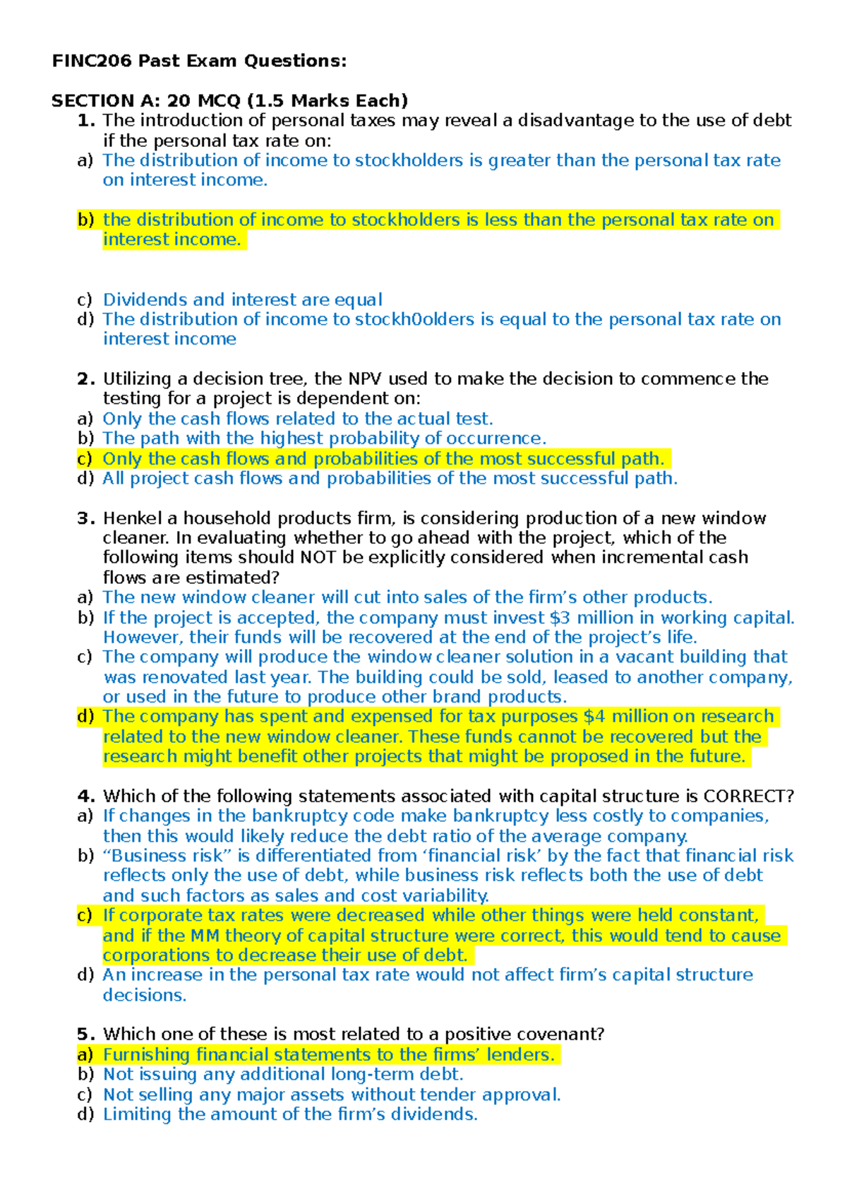 FINC206 Past Exam Questions with answers - FINC206 Past Exam Questions ...