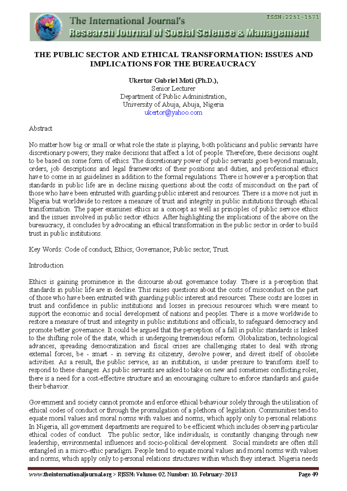 THE Public Sector AND Ethical Transformation Issues AND Implications FOR THE Bureaucracy - THE ...