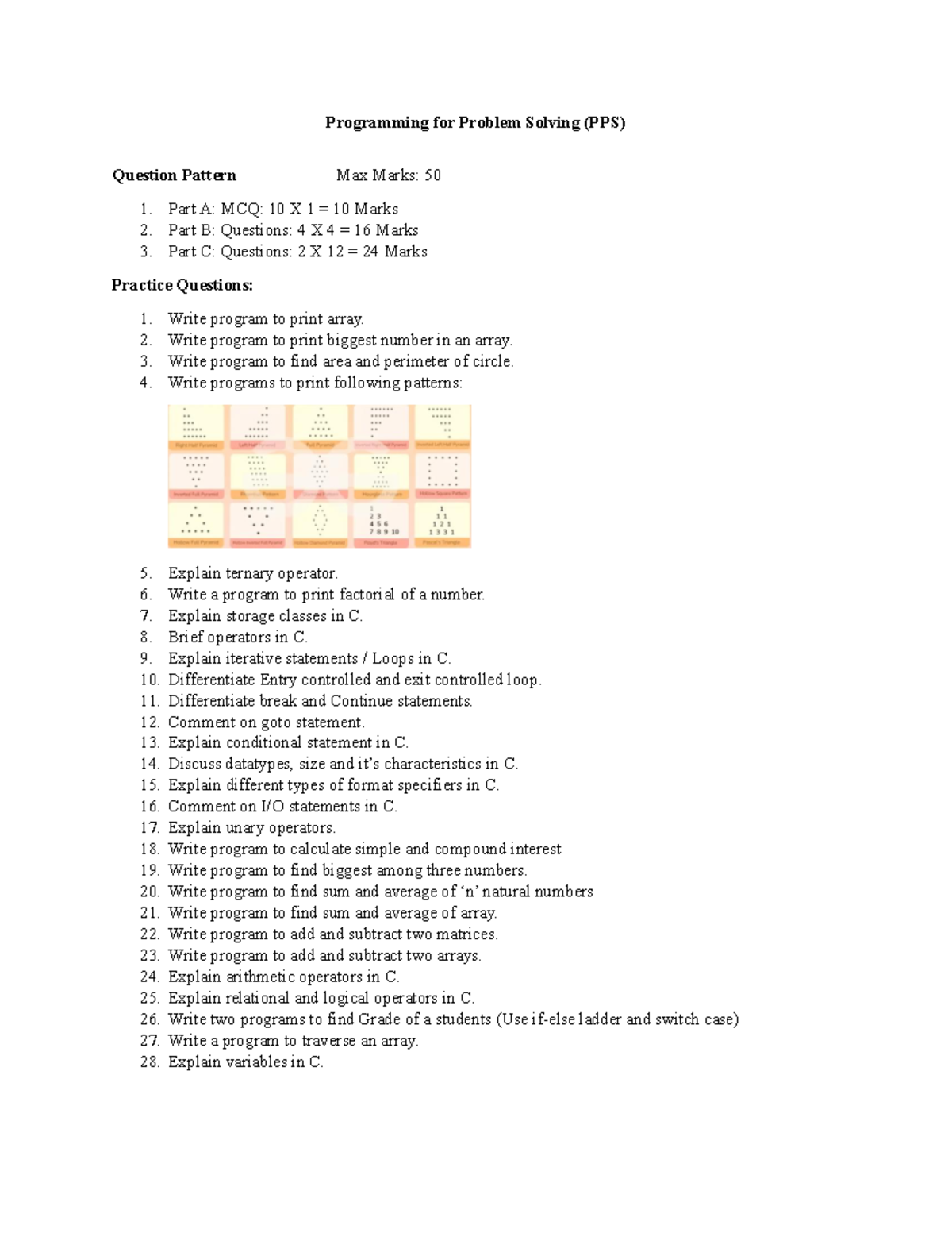 Important Questions Programming For Problem Solving Pps Question Pattern Max Marks 50 Part 