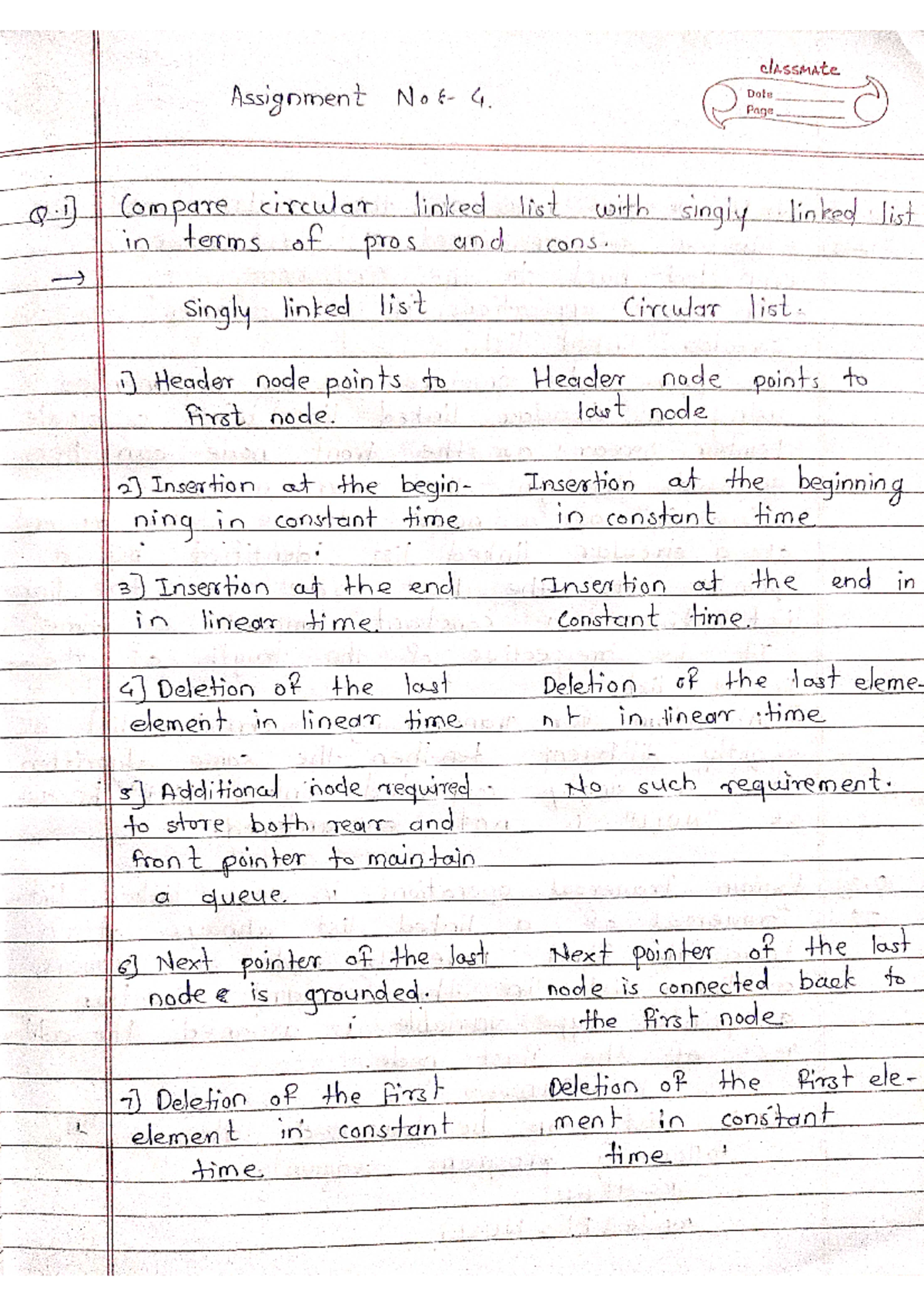 DS assignment - classmate Assignment 4. Date Page Q) Compare circular ...