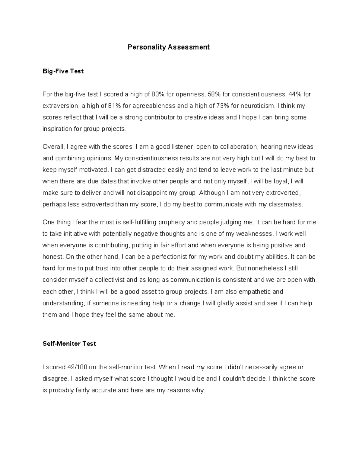 Personality Assessment Reflection - Personality Assessment Big-Five ...