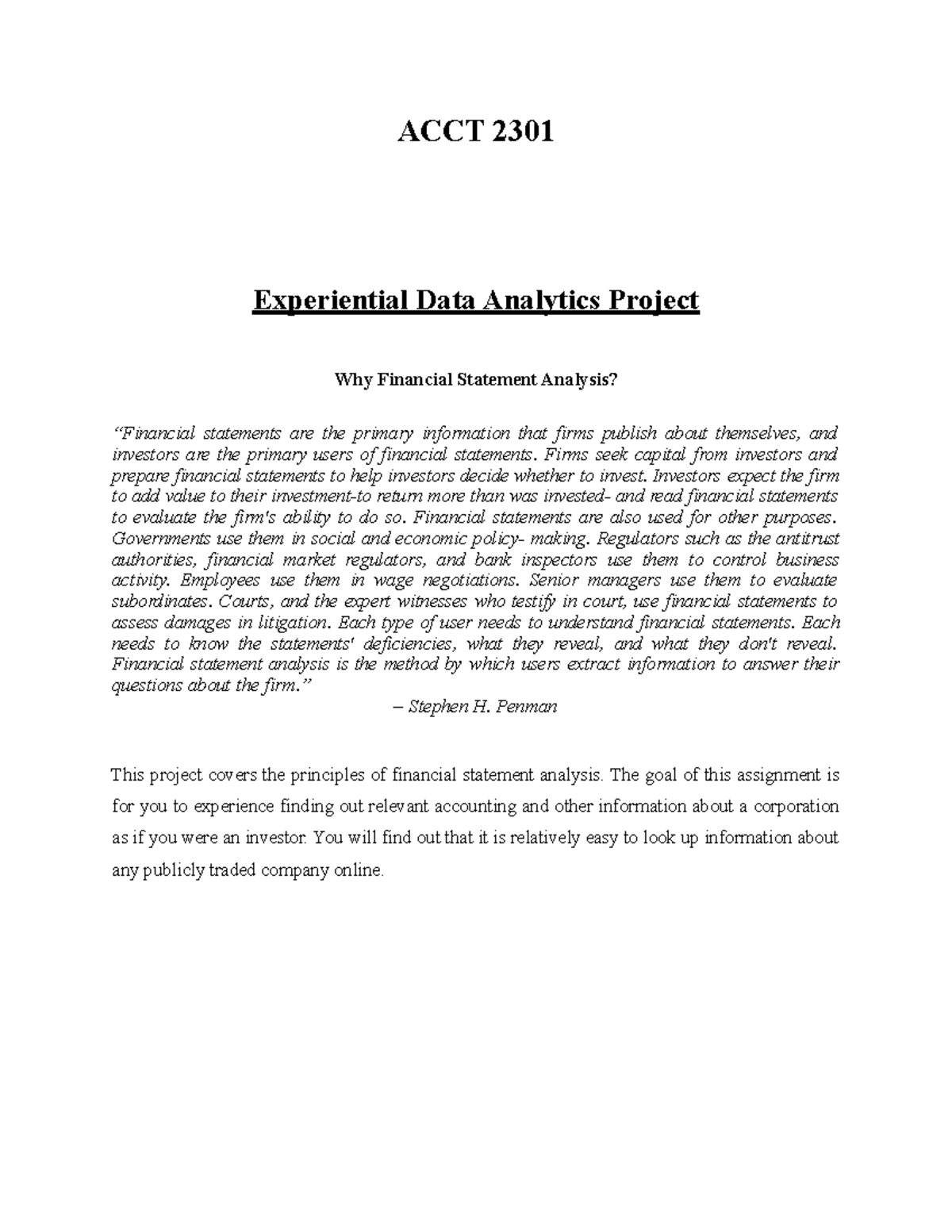 ACCT 2301 Experiential Data Analytics Project Fall 2023 V1-2 - ACCT 2301 Experiential Data ...