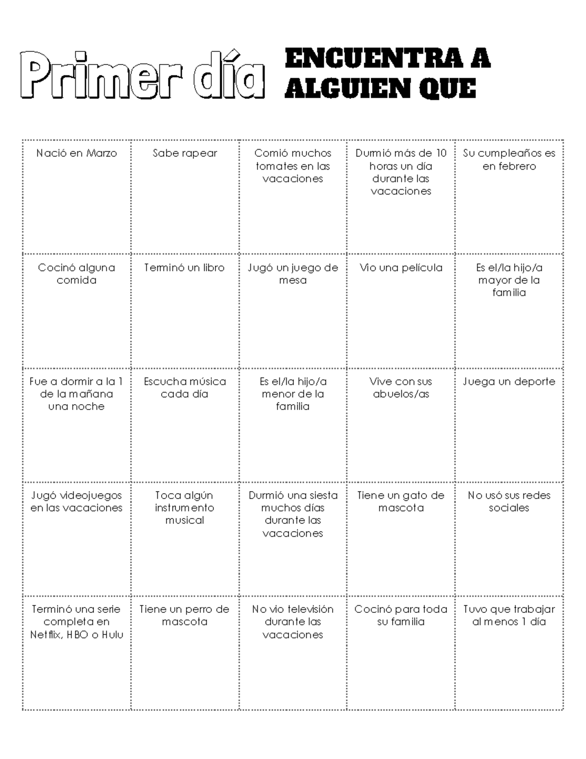 Bingo - primer día - juego didacticos - Primer día ENCUENTRA A ALGUIEN ...