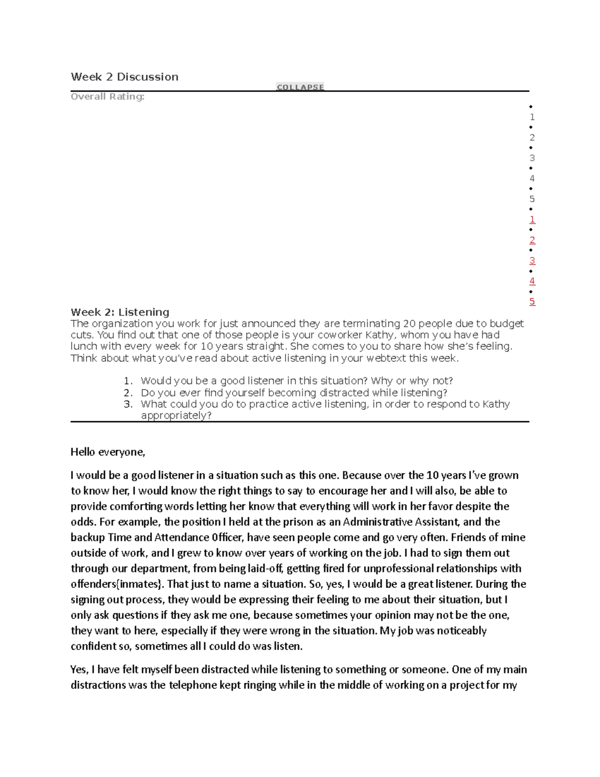 COMM100 WEEK 2 Discussion - Week 2 Discussion COL LA PS E Overall ...
