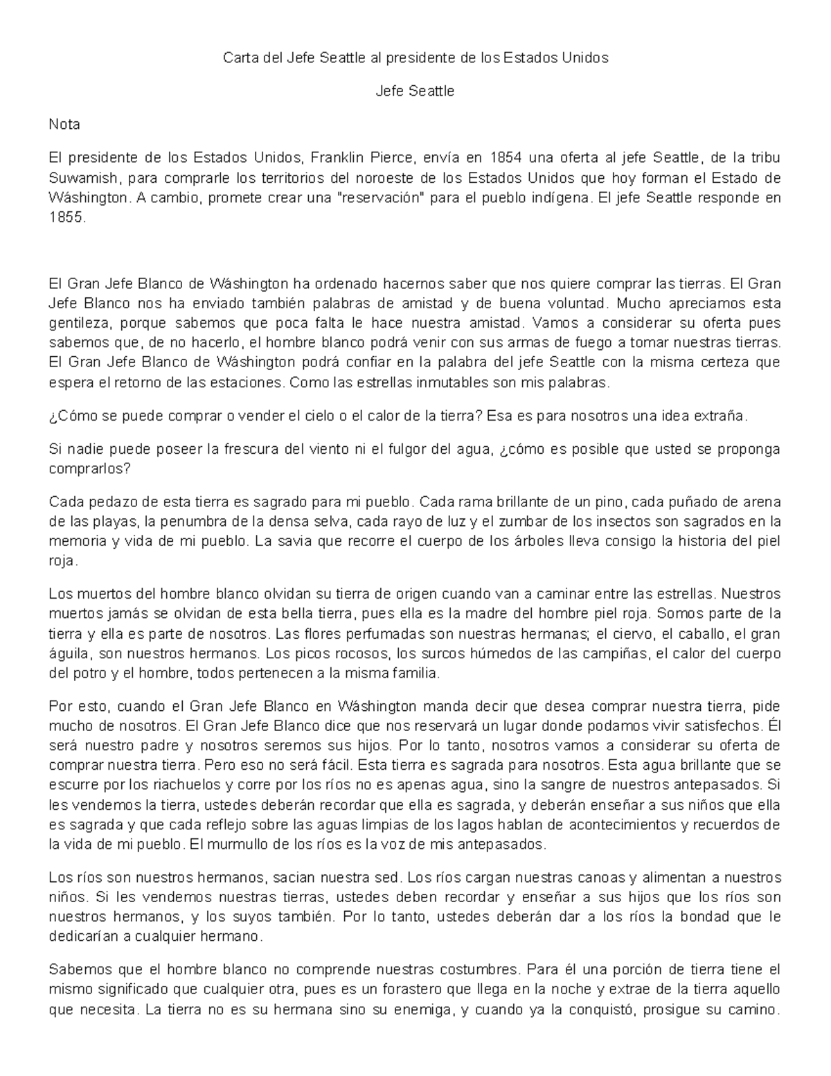 Carta del Jefe Seattle al presidente de los Estados Unidos - A cambio ...