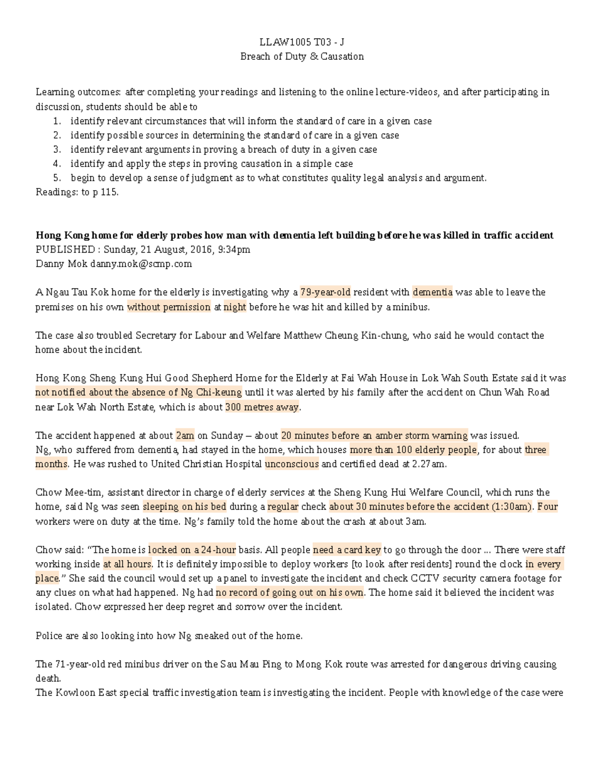 LLAW1005 T03 - J Breach of Duty Causation - Breach of Duty & Causation ...