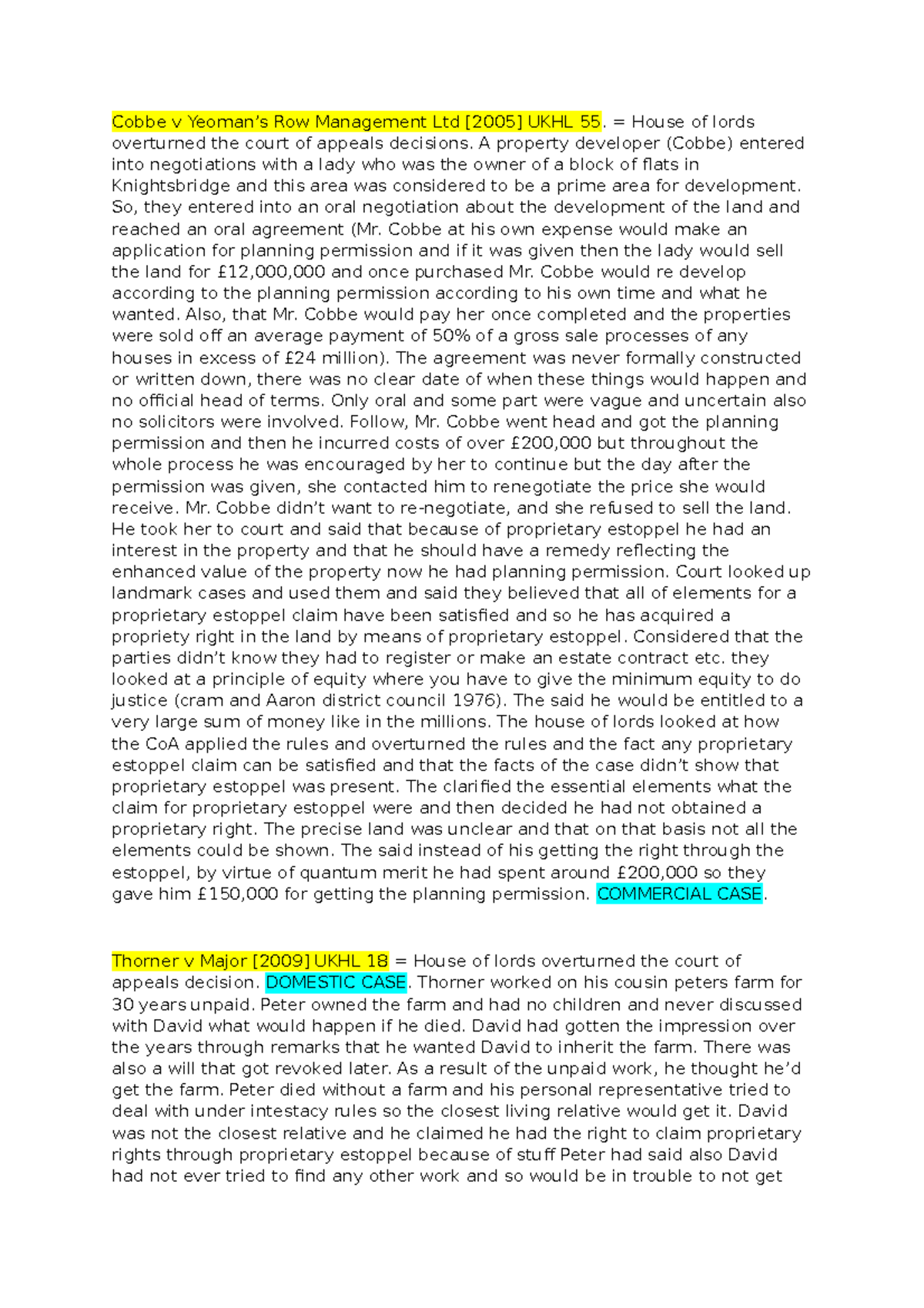 Cobbe v Row Management Ltd and Thorner v Major - Proprietary Estoppel ...