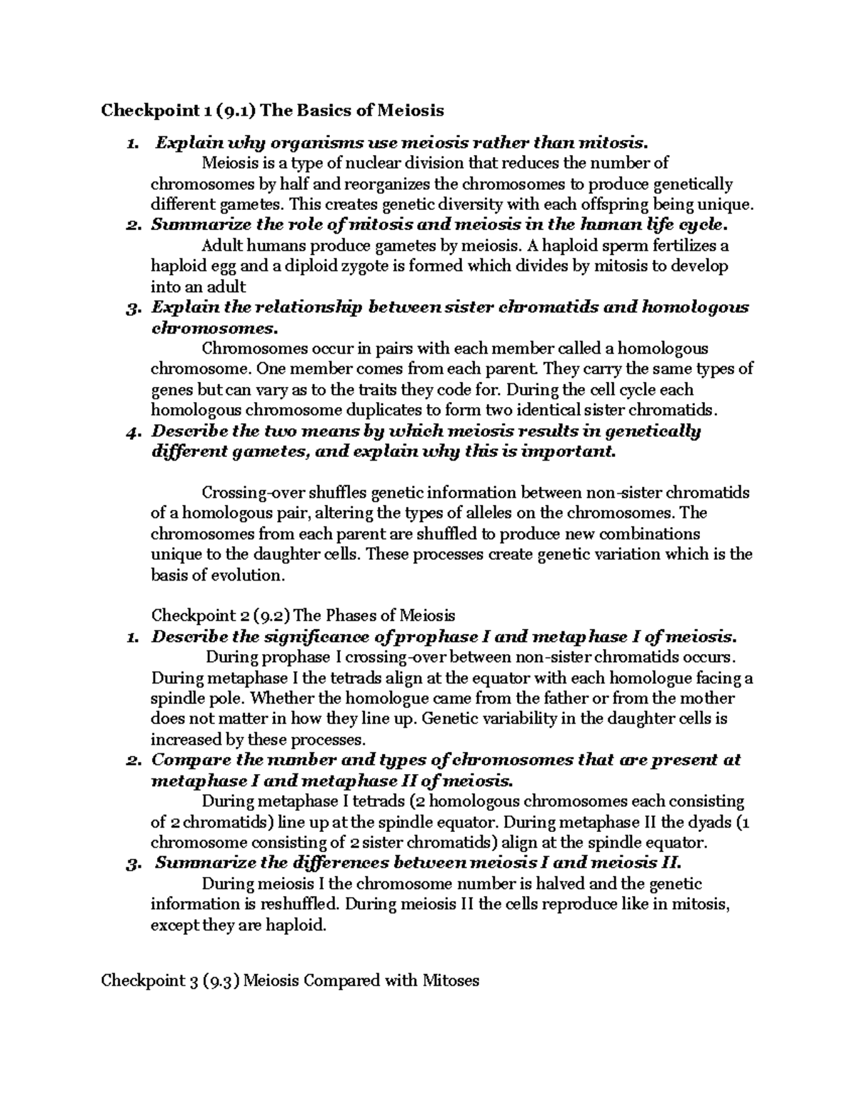 Gene2 - Notes - Checkpoint 1 (9) The Basics of Meiosis Explain why ...