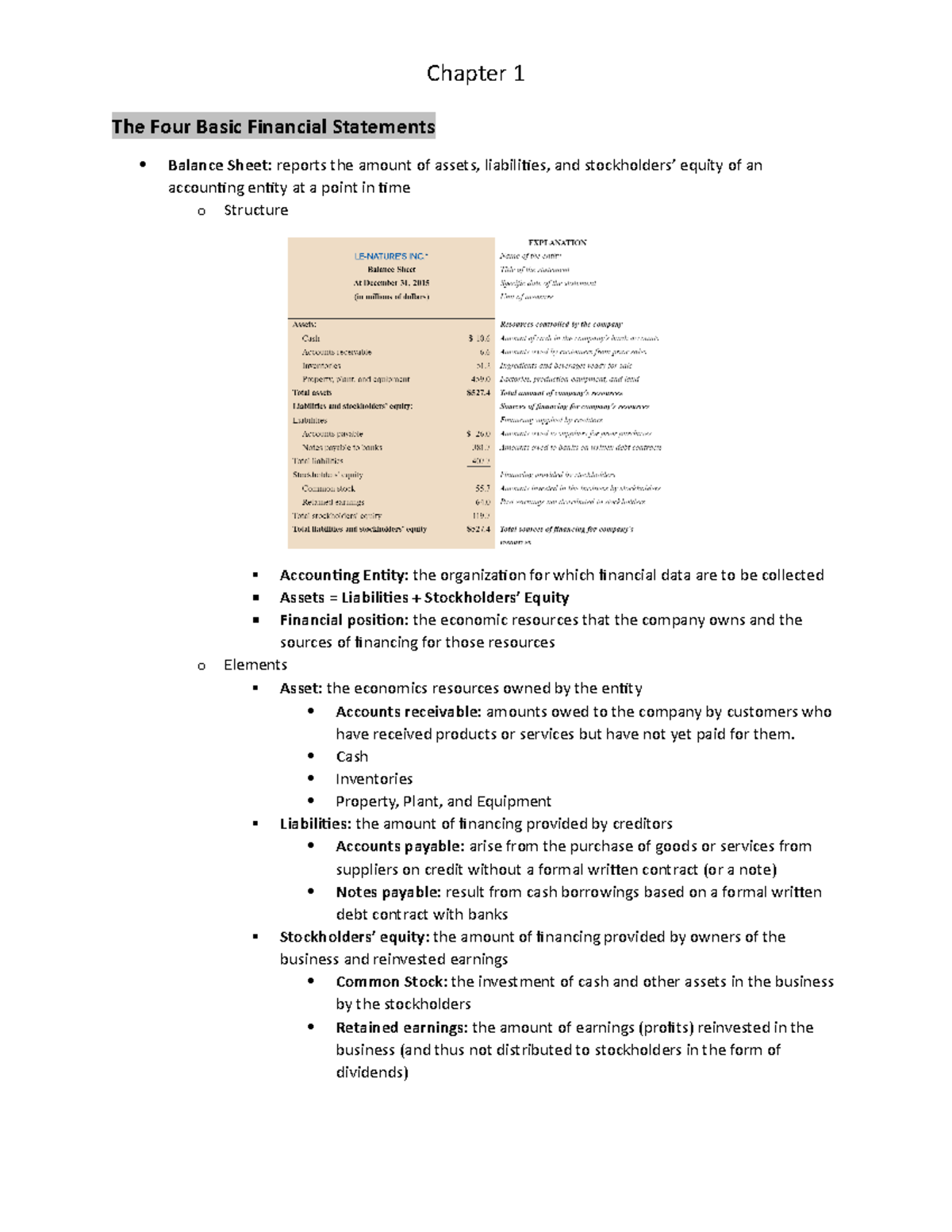 Chapter 1 Notes - The Four Basic Financial Statements Balance Sheet ...