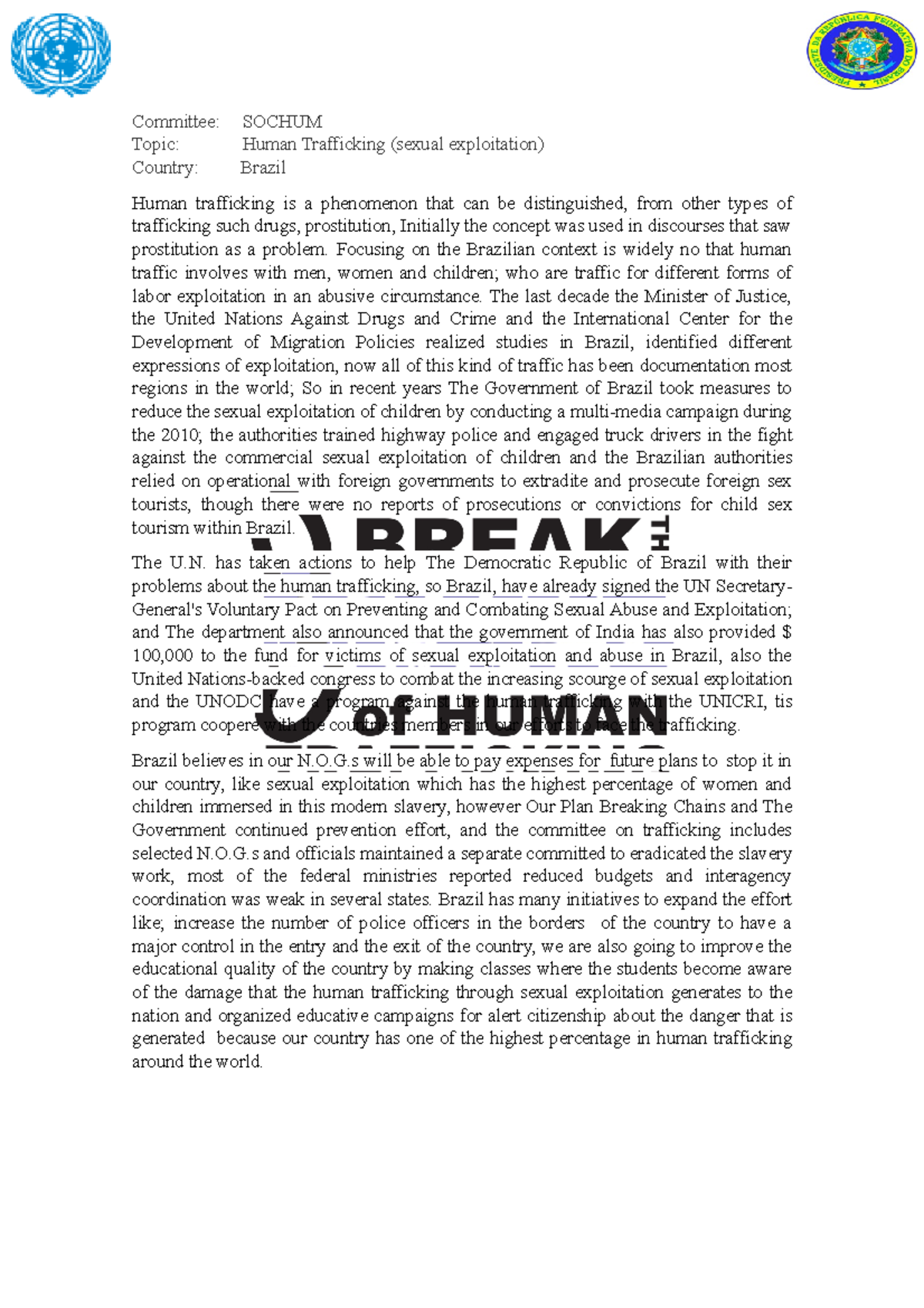 Brazil Position Paper ( Human Trafficking) - Committee: SOCHUM Topic ...