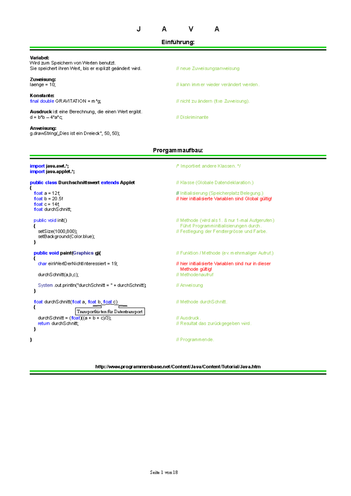 Java Grundlagen - J A V A Einführung: Variabel: Wird zum Speichern von ...