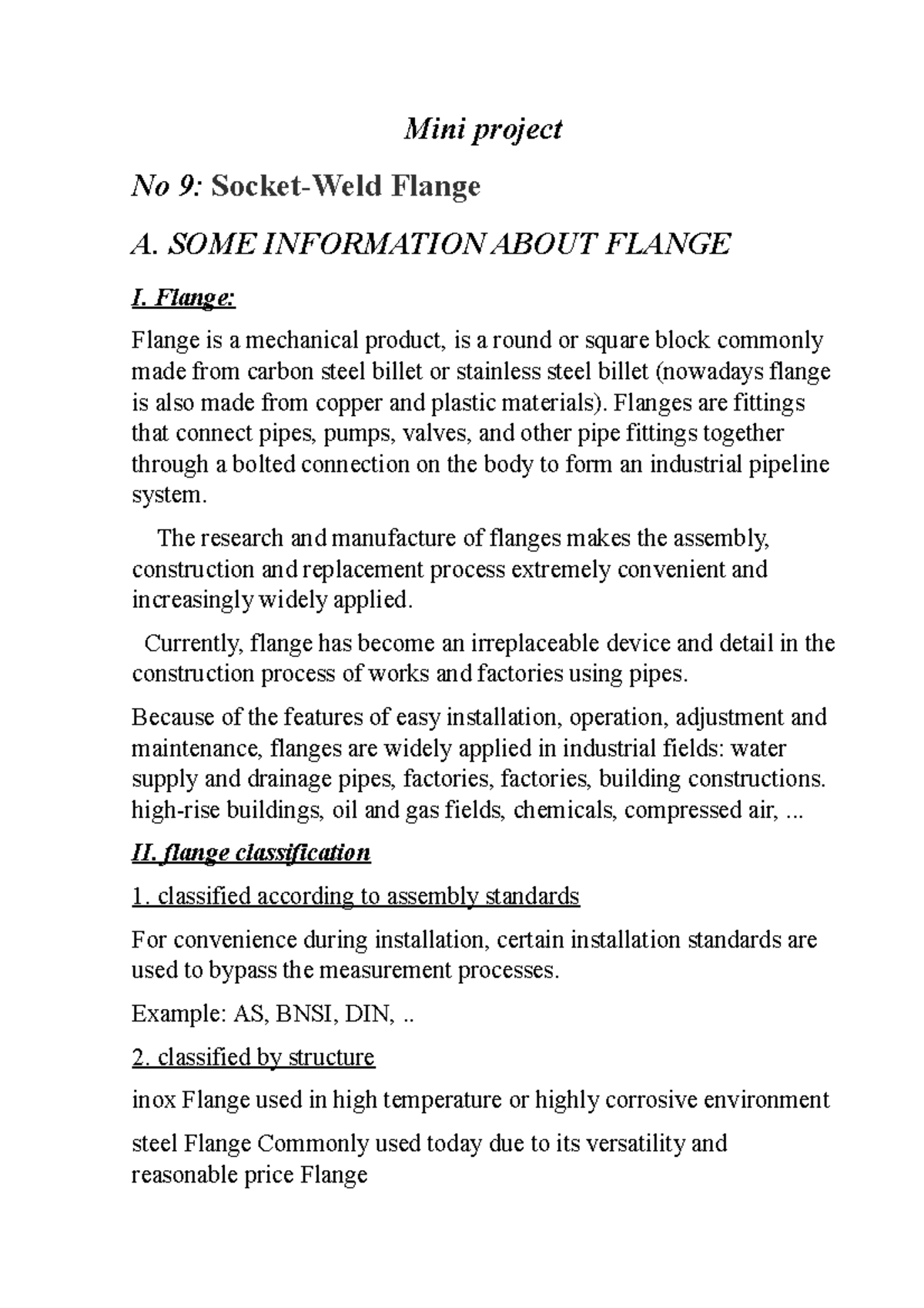 Mini Project Flange Mini Project No 9 Socket Weld Flange A Some Information About Flange I