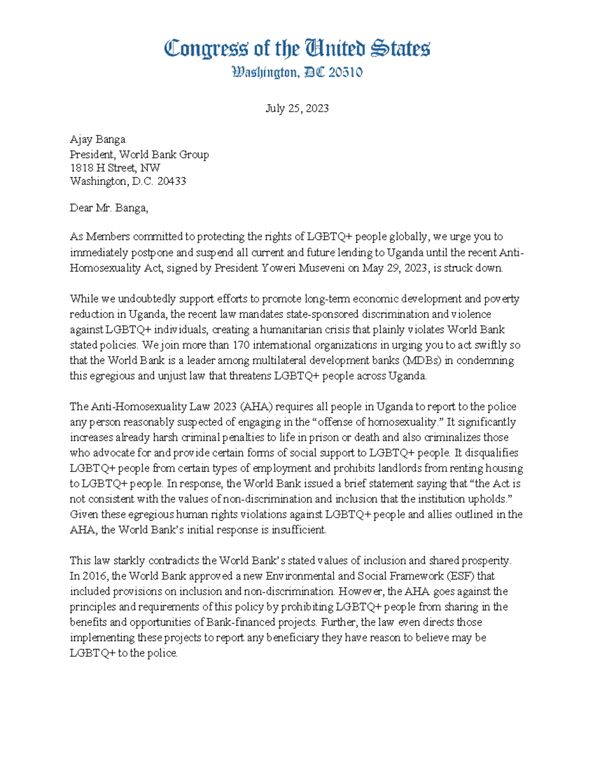 Letter to World Bank President Banga re Uganda Final - July 25, 2023 ...