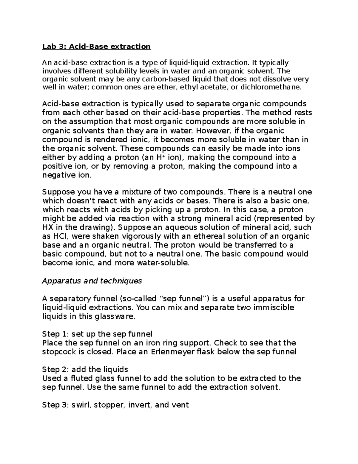 Lab 3 - Notes - Lab 3: Acid-Base extraction An acid-base extraction is ...