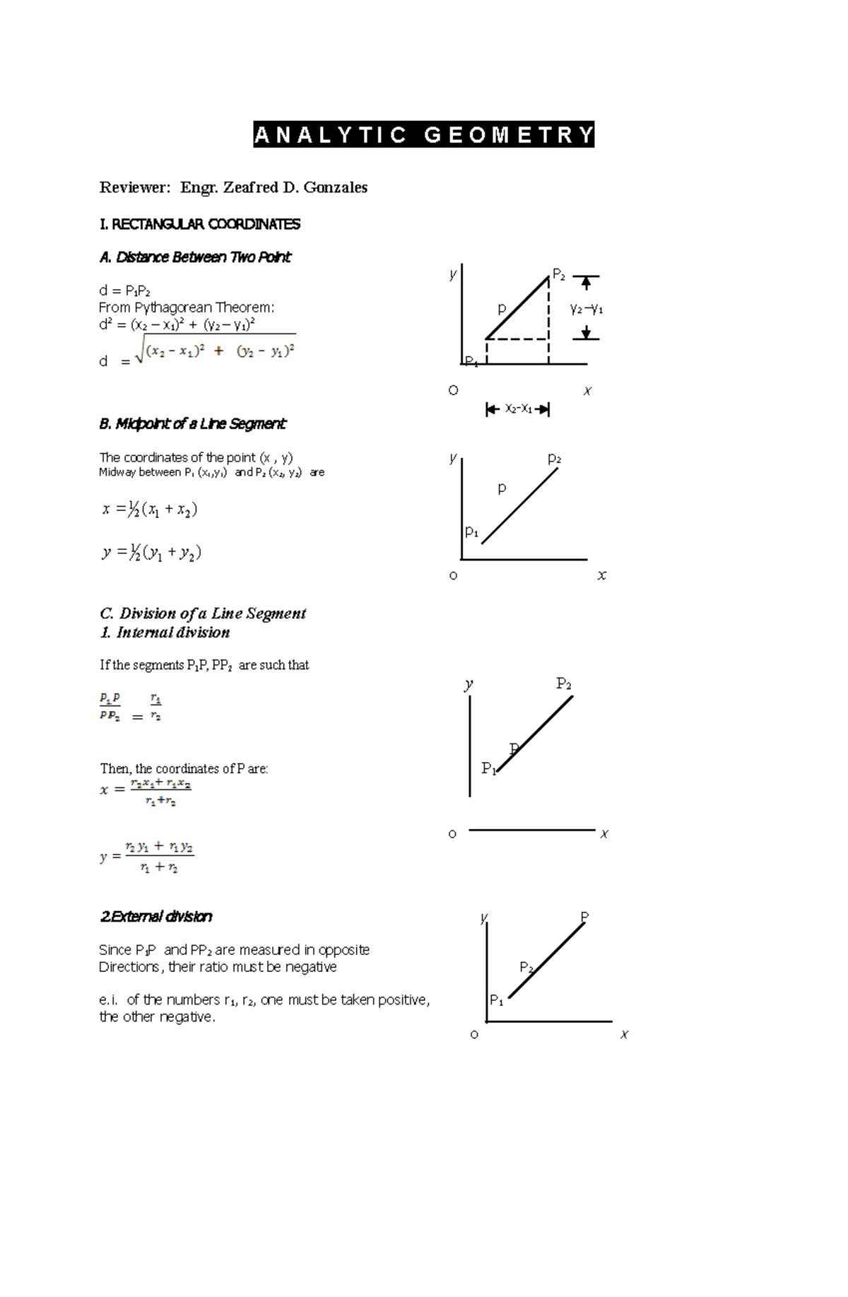 Geometry - Lecture notes 1-11 - ANALYTIC GEOMETRY Reviewer: Engr ...