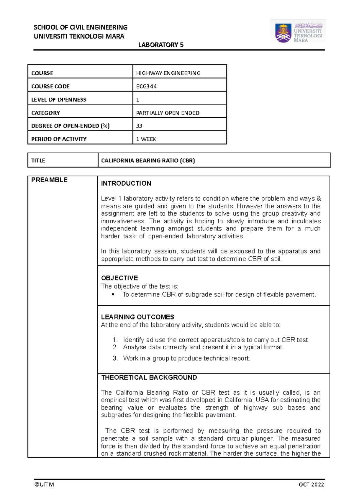 LAB 5- CBR Test OEL1 - lab report sem 5 diploma - UNIVERSITI TEKNOLOGI ...