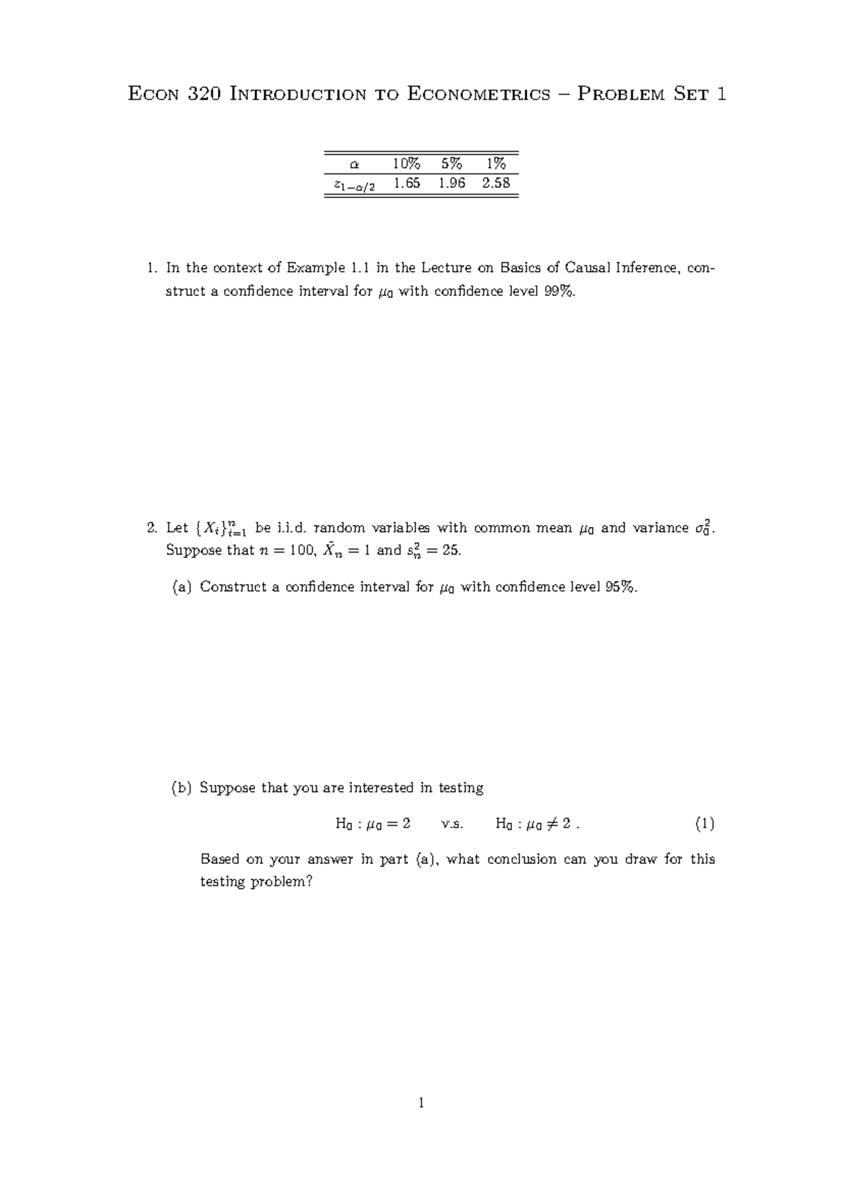 Ps1 Practice Problems Econ 320 Introduction To Econometrics Problem Set 1 α 10 5 1 Z 1