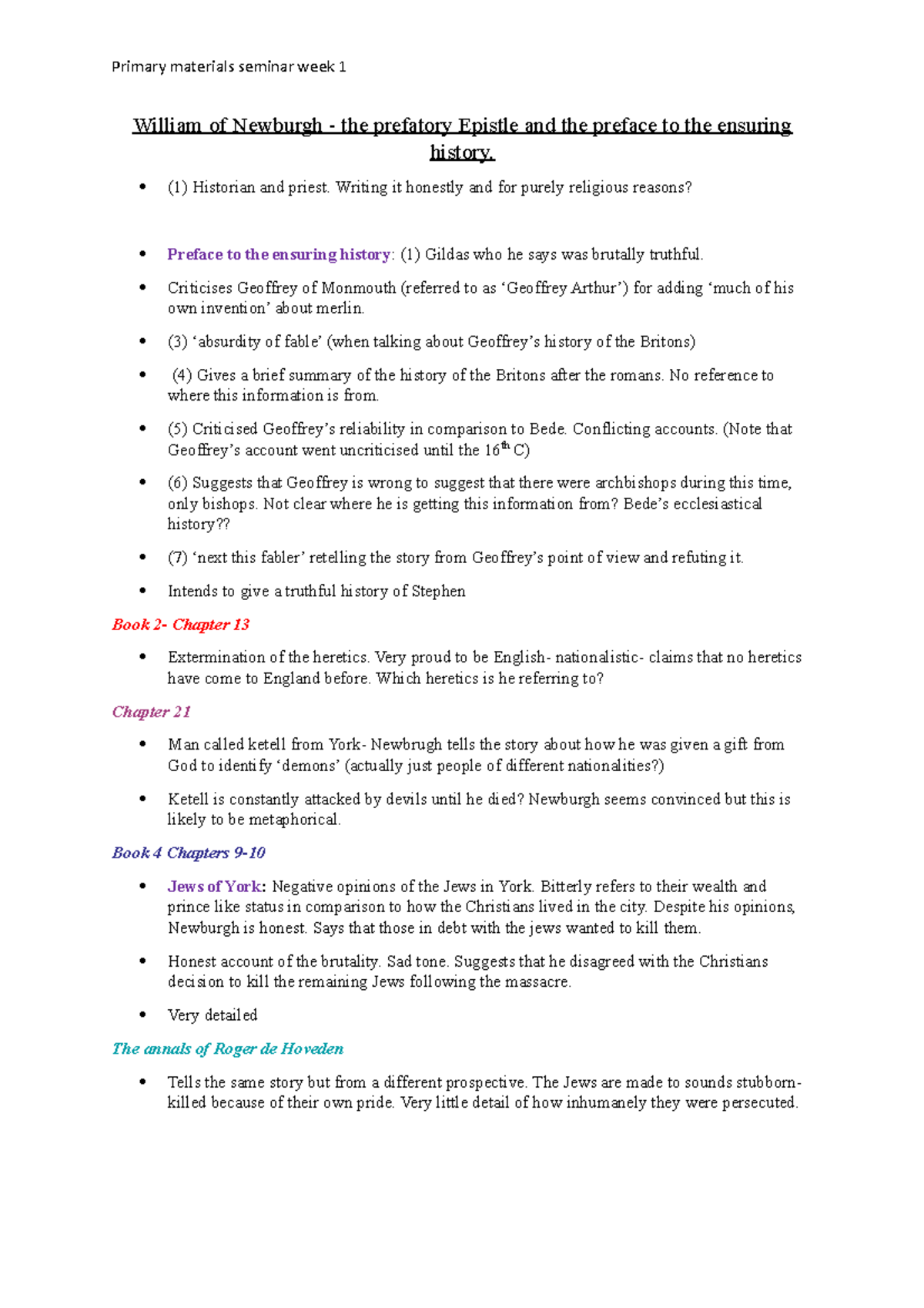 William of Newbrugh reading - Primary materials seminar week 1 William ...