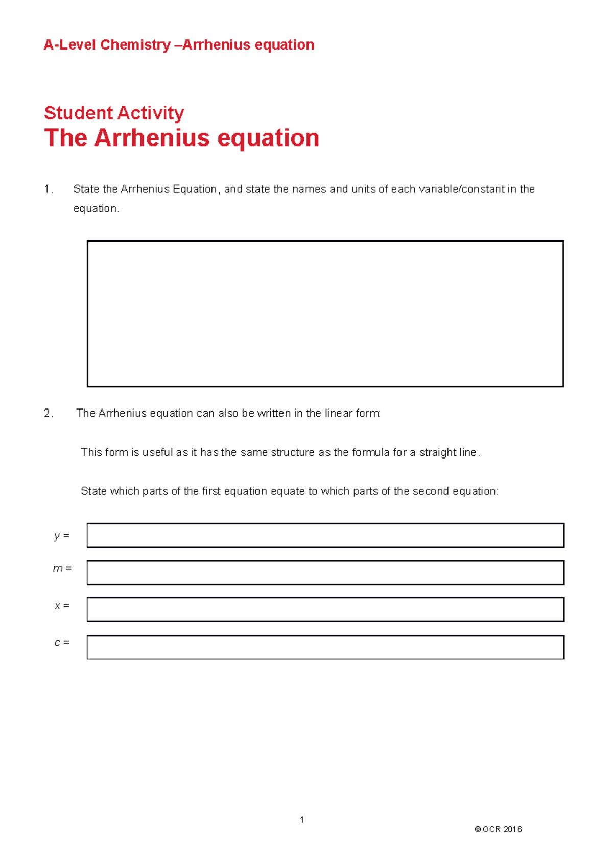 Arrhenius-worksheet - A-Level Chemistry –Arrhenius equation Student ...