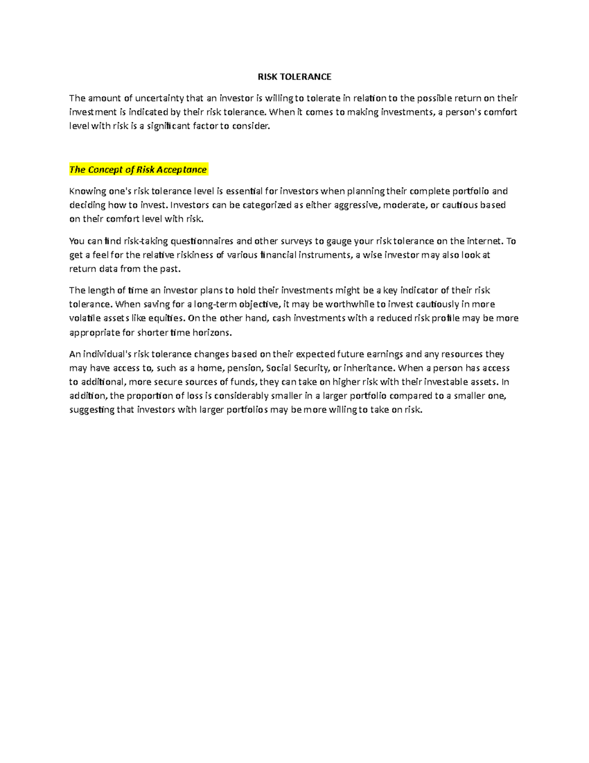 RISK Tolerance - Risk - RISK TOLERANCE The amount of uncertainty that ...