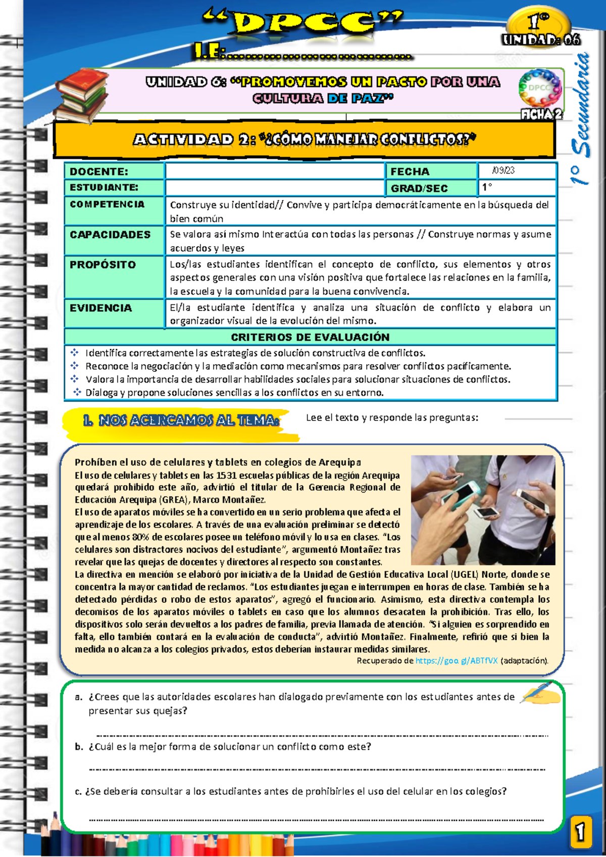 1° DPCC Ficha DE Actividad 2 EDA 6 - 1° Secundaria | Prohíben el uso de celulares y tablets en ...