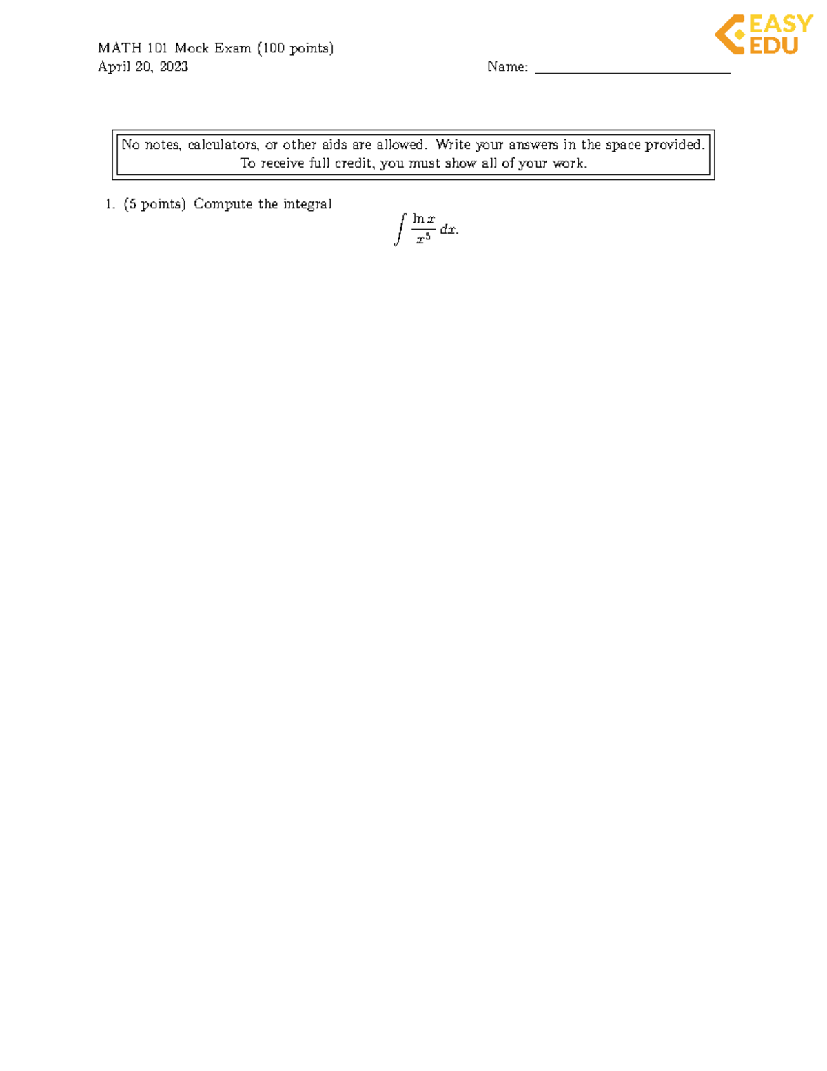 MATH 101 Mock - practice materials from easy education - MATH 101 Mock ...