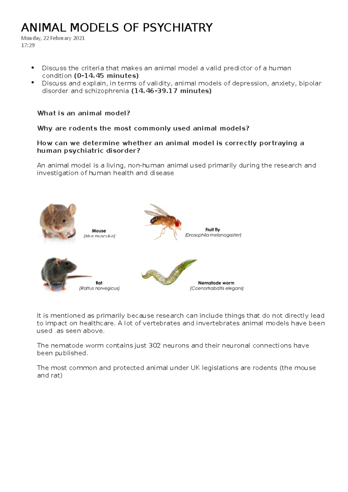 Animal Models OF Psychiatry notes - ANIMAL MODELS OF PSYCHIATRY Monday ...