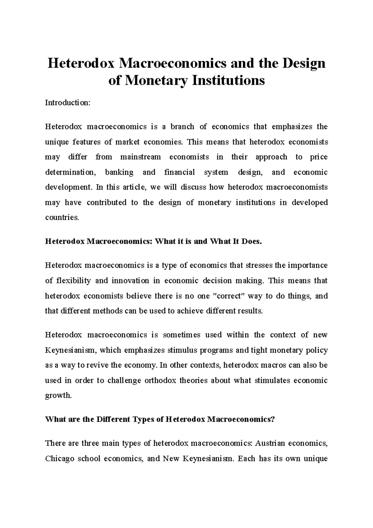 Heterodox Macroeconomics and the Design of Monetary Institutions ...
