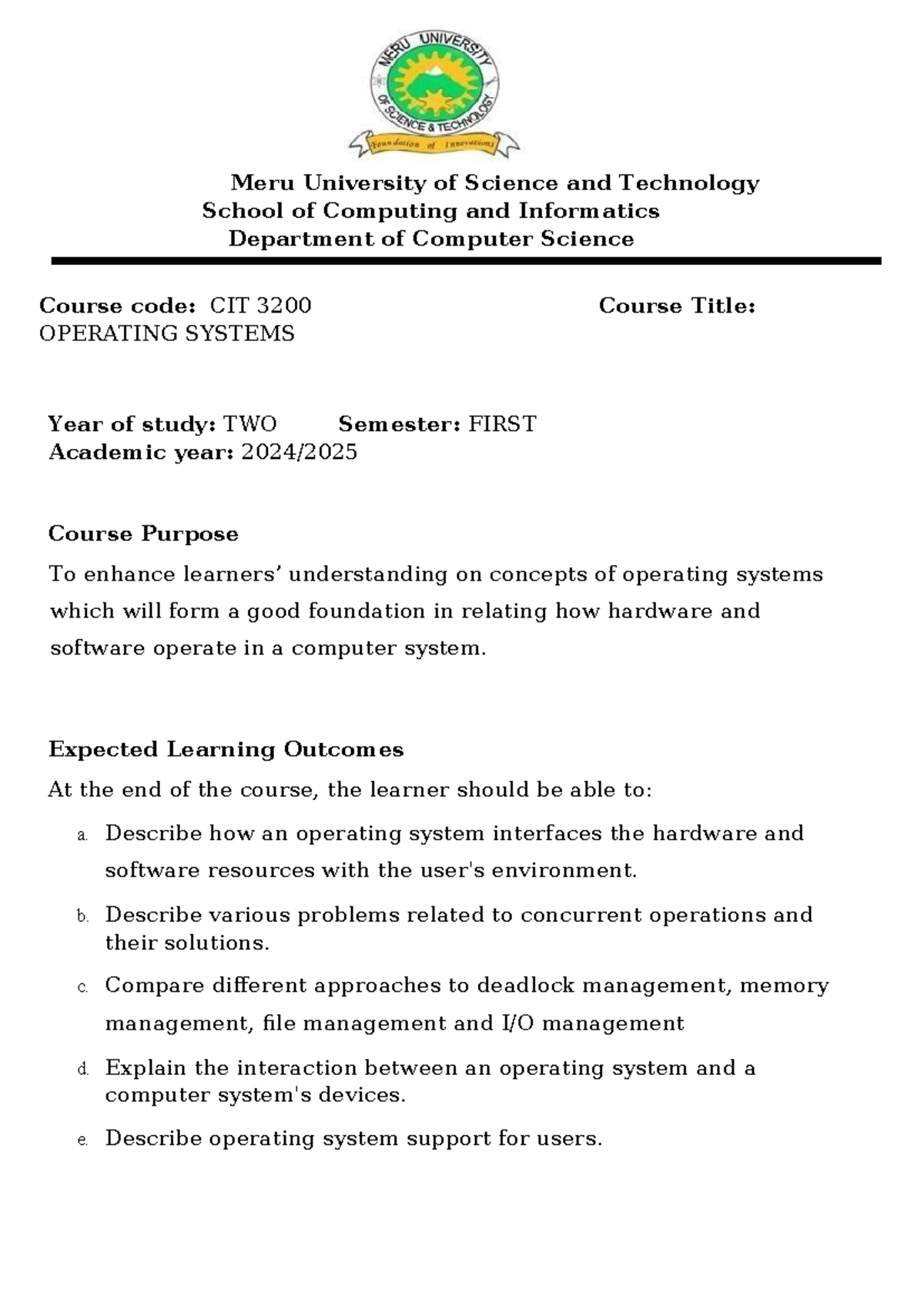 OS Course Outline - Meru University of Science and Technology School of Computing and ...