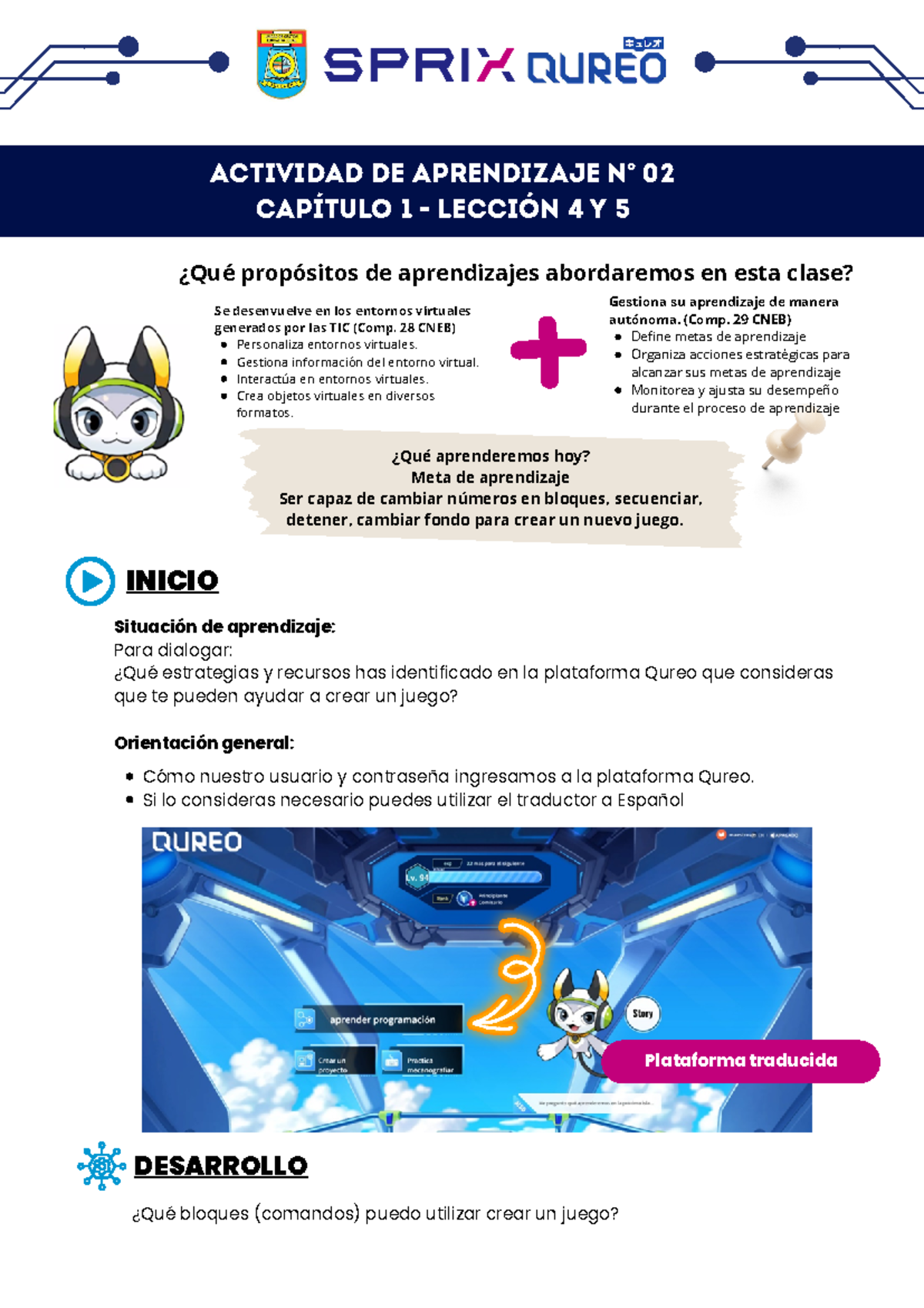Programa Qureo Innova Clase 3 - ACTIVIDAD DE APRENDIZAJE N° 02 CAPÍTULO 1 - LECCIÓN 4 y 5 INICIO ...