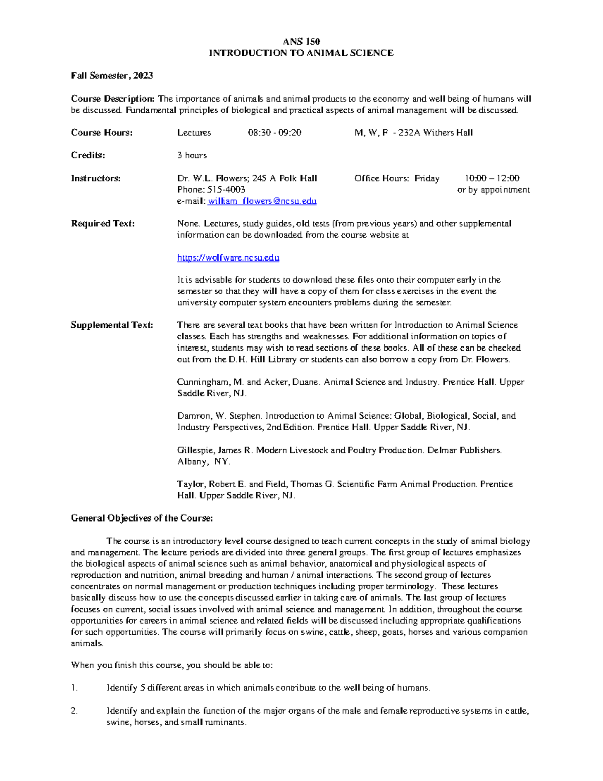 ANS150 2023 Fall Syllabus 072023-2 - ANS 150 INTRODUCTION TO ANIMAL ...