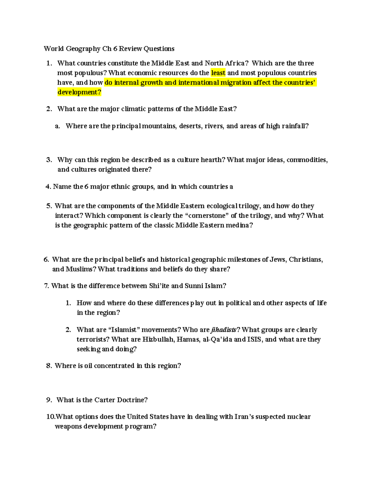 World Geography Ch 6 Questions-1 (1) - World Geography Ch 6 Review ...
