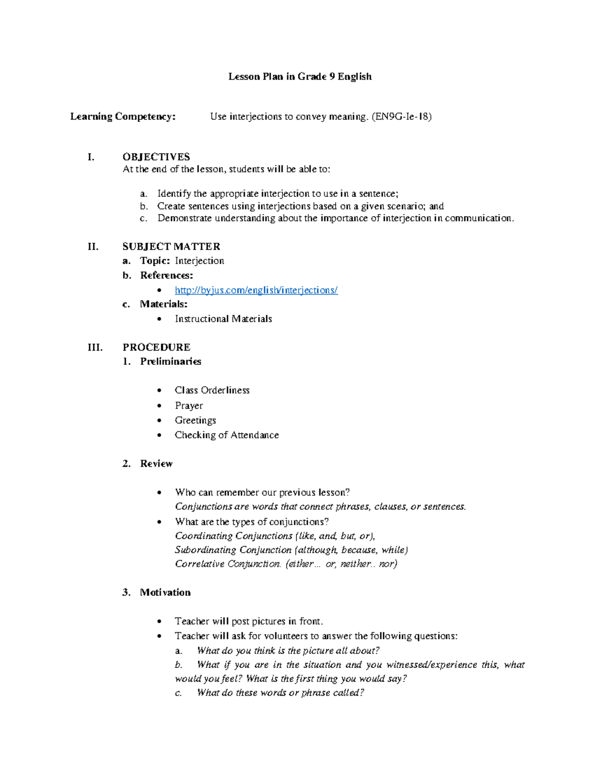 Practice Demo Interjection - Lesson Plan in Grade 9 English Learning ...