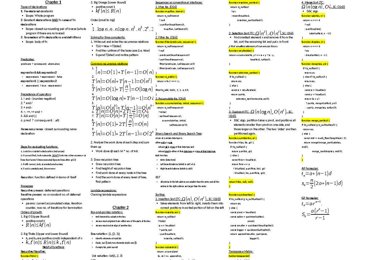 CS1101S Mid Term Cheatsheet - Chapter 1 Types of declarations 1. Pre-declared constants Scope ...