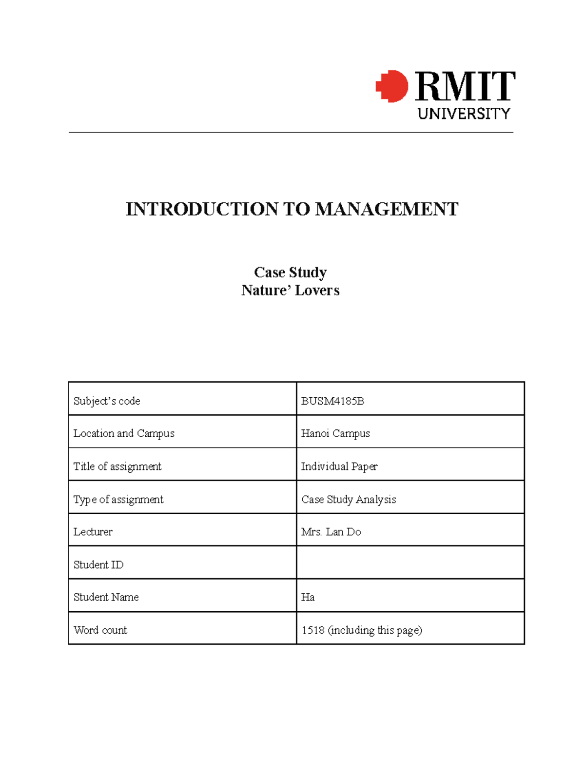 ITM-assignment 2 Sem 2 2020 - INTRODUCTION TO MANAGEMENT Case Study ...