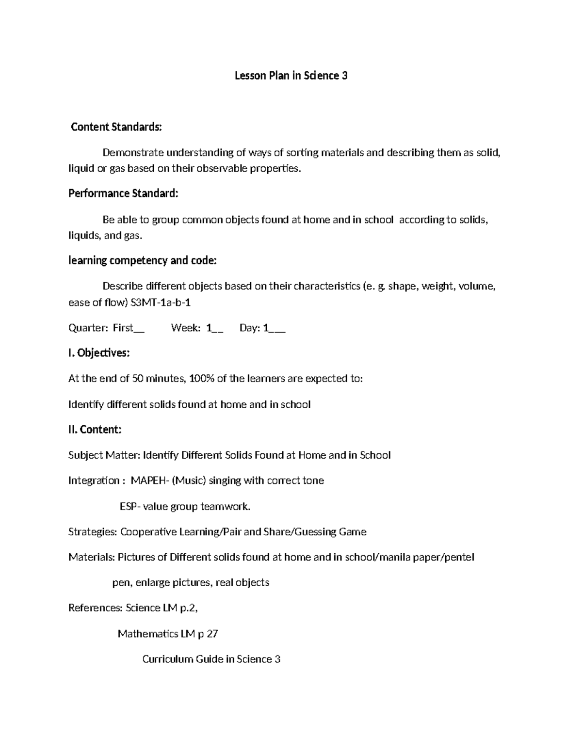 Lesson Plan in-WPS Office - Lesson Plan in Science 3 Content Standards ...