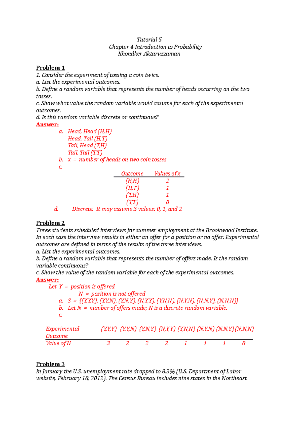 Tutorial 5 Solution - answer - Tutorial 5 Chapter 4 Introduction to Probability Khondker - Studocu