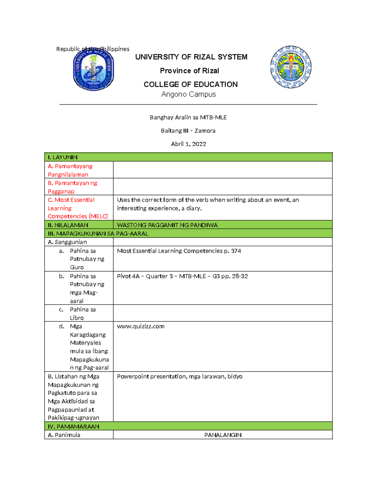 Local Lesson Plan Mtbiii-Zamora Final - Republic of the Philippines ...