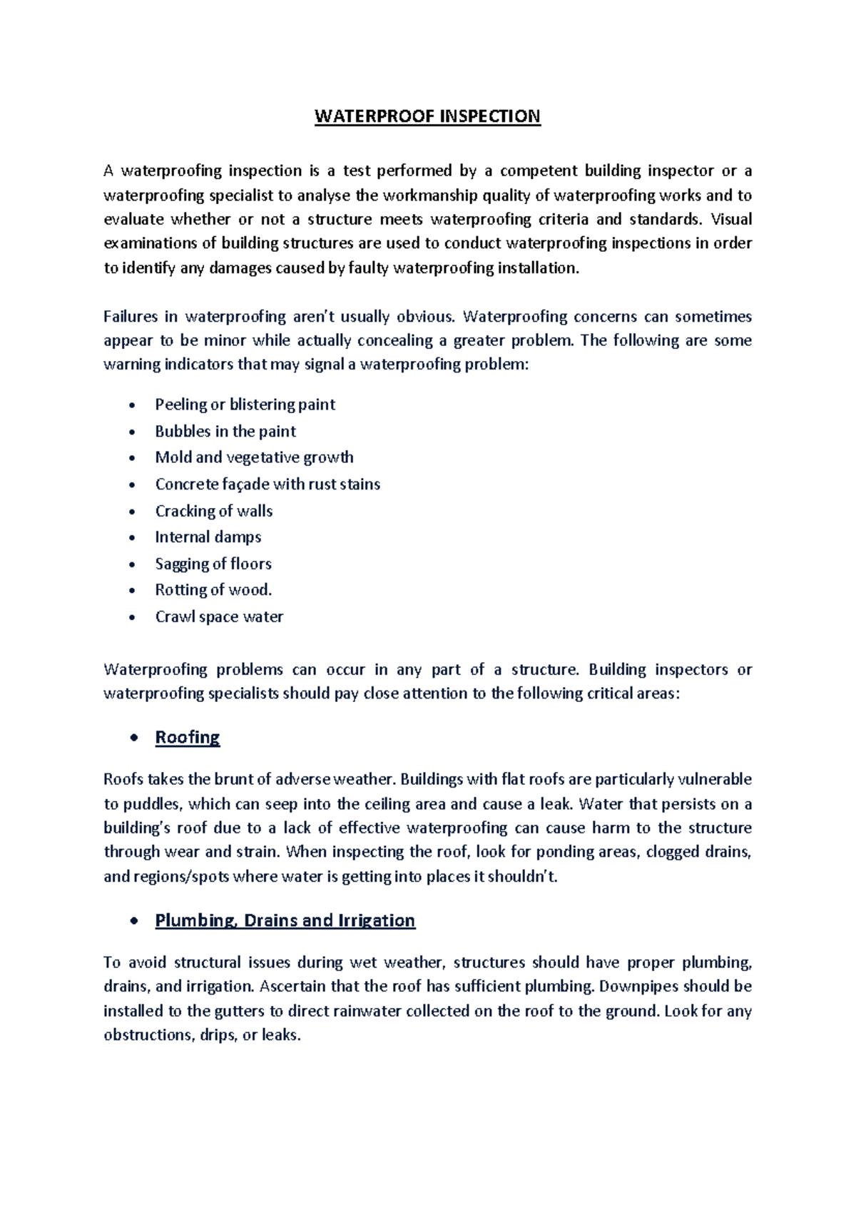 Waterproofing Inspection and Testing - WATERPROOF INSPECTION A ...