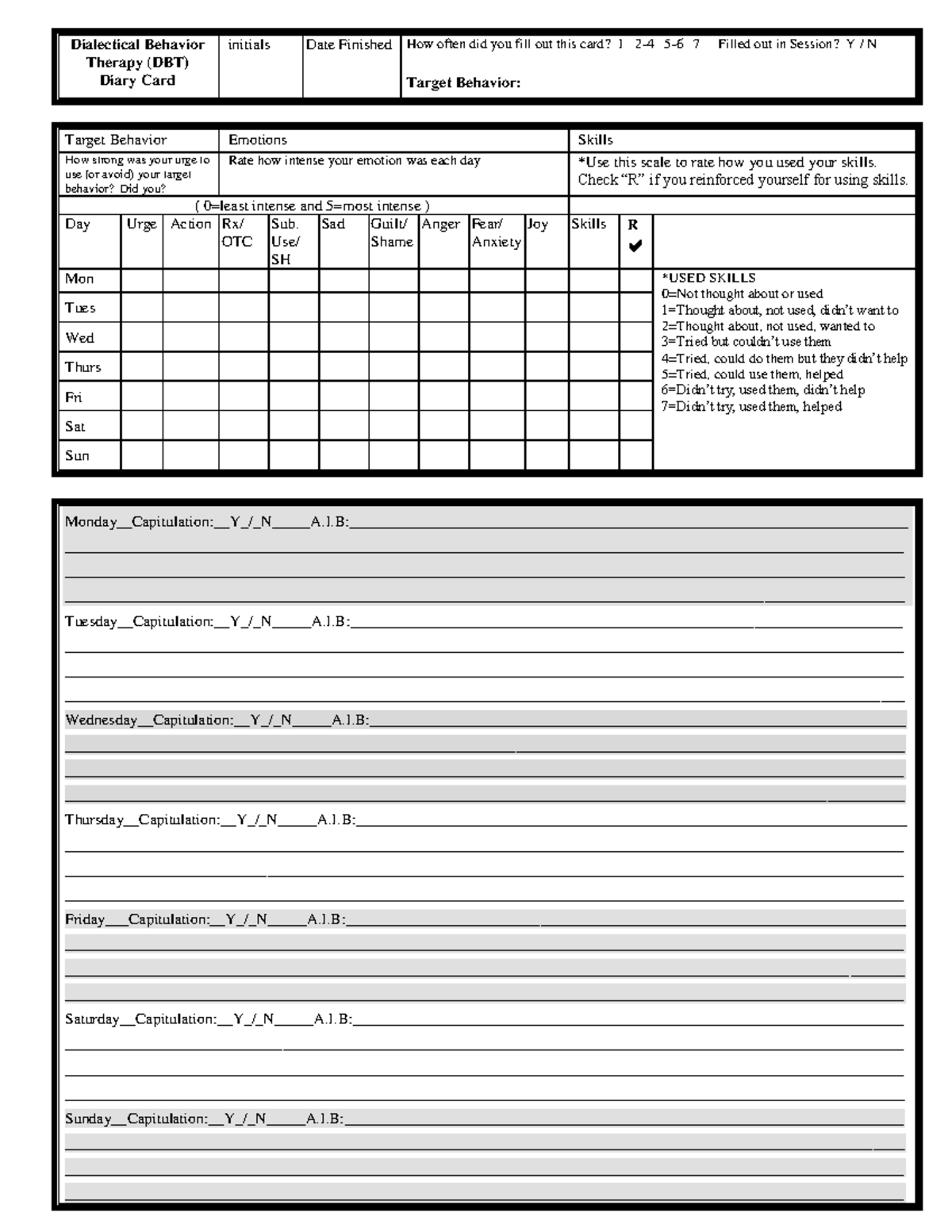 DBT Diary Card - Dialectical Behavior Therapy (DBT) Diary Card initials ...