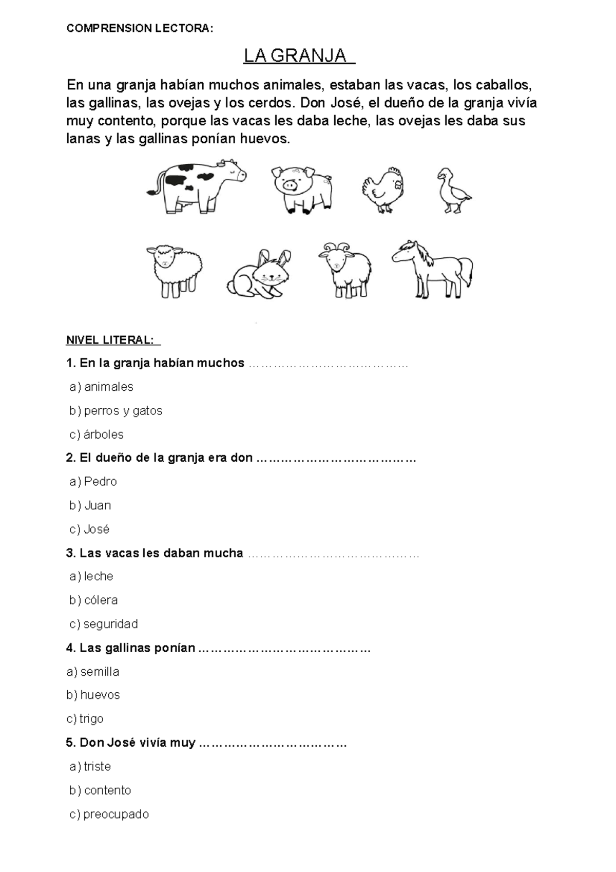 Comprension Lectora Marzo 1RO - COMPRENSION LECTORA: LA GRANJA En una ...