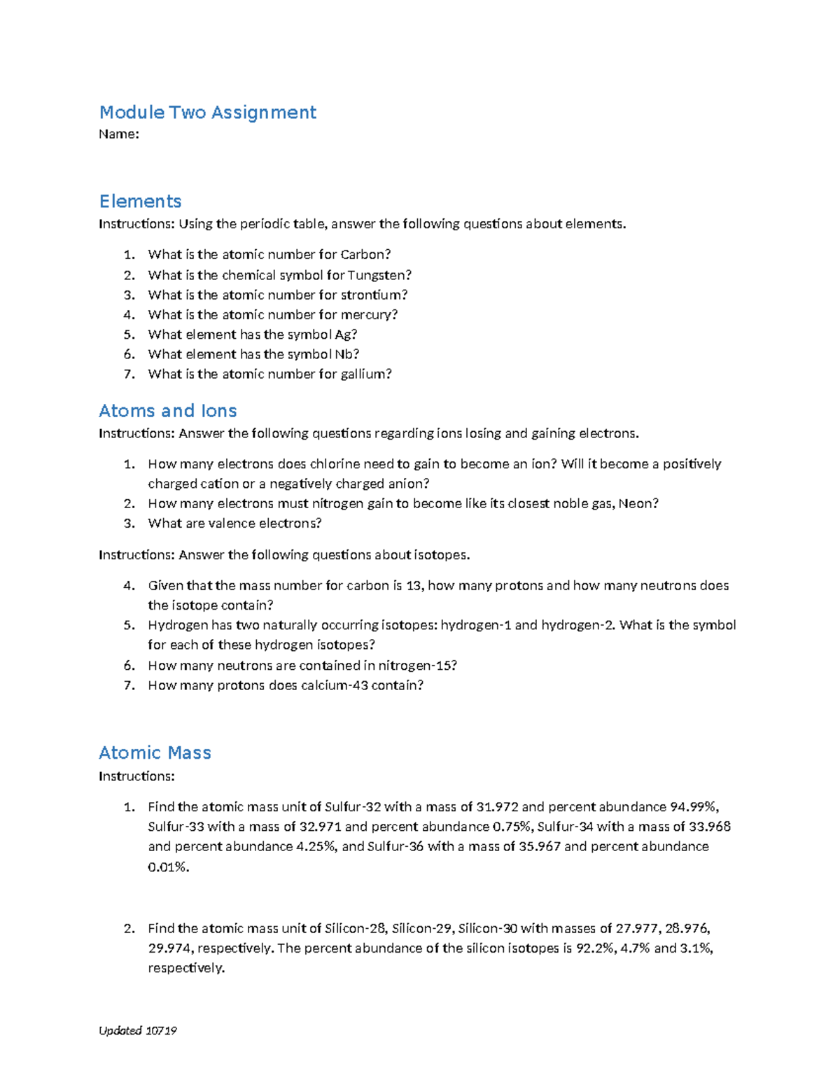 Module 02 Assignment 5 - N/a - Module Two Assignment Name: Elements Instructions: Using the ...