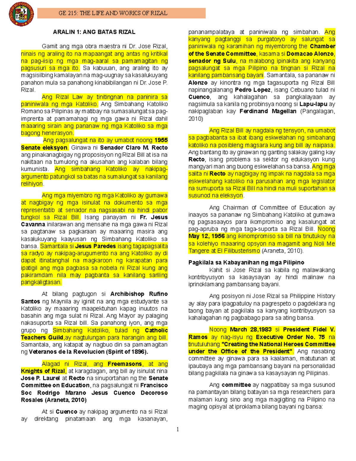 Tlwrreviewer - notes - ARALIN 1: ANG BATAS RIZAL Gamit ang mga obra ...