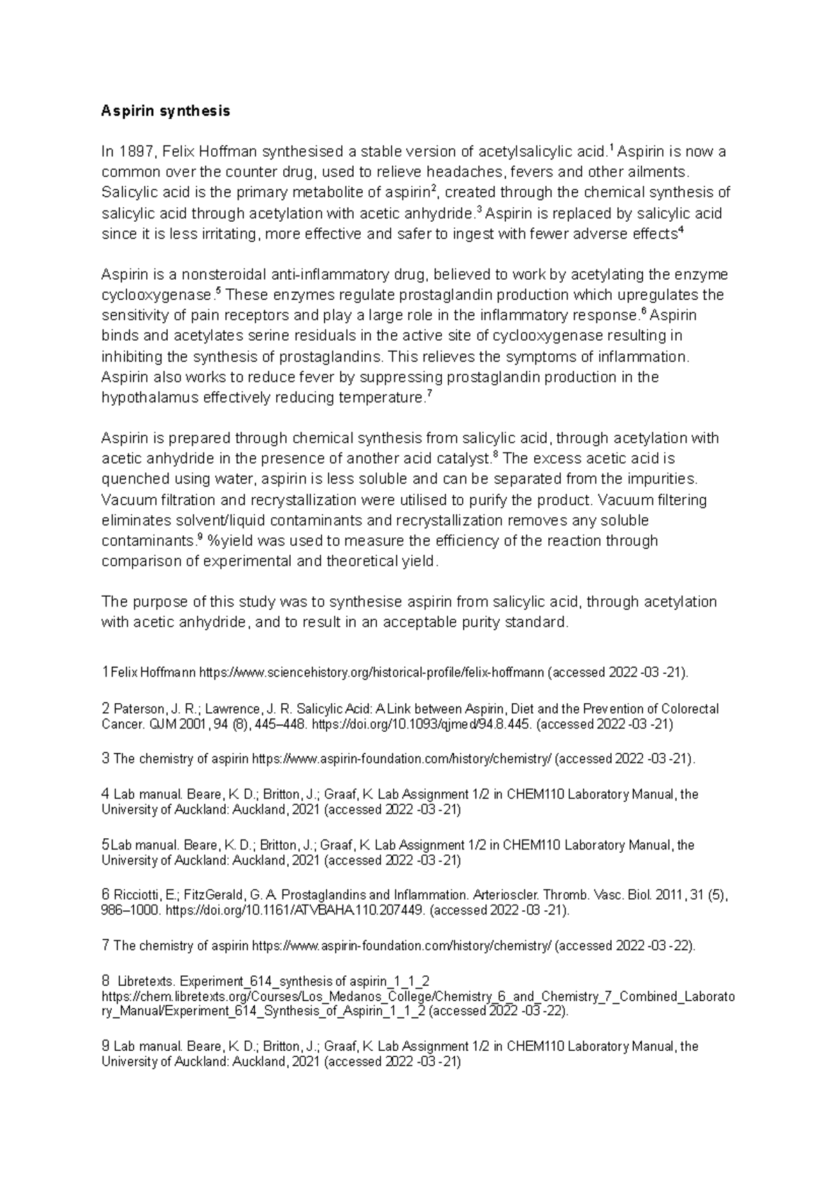 Post lab report - Asprin synthesis - Aspirin synthesis In 1897, Felix ...